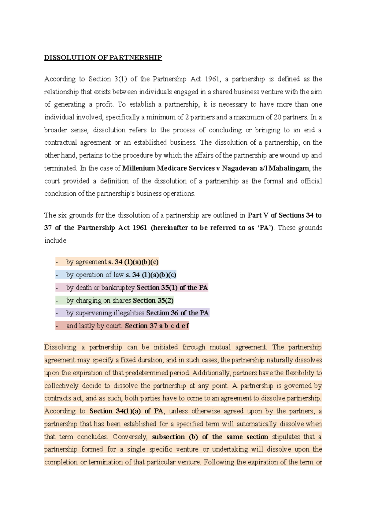 Partnership Law: Comprehensive Overview of Dissolution Procedures - Studocu