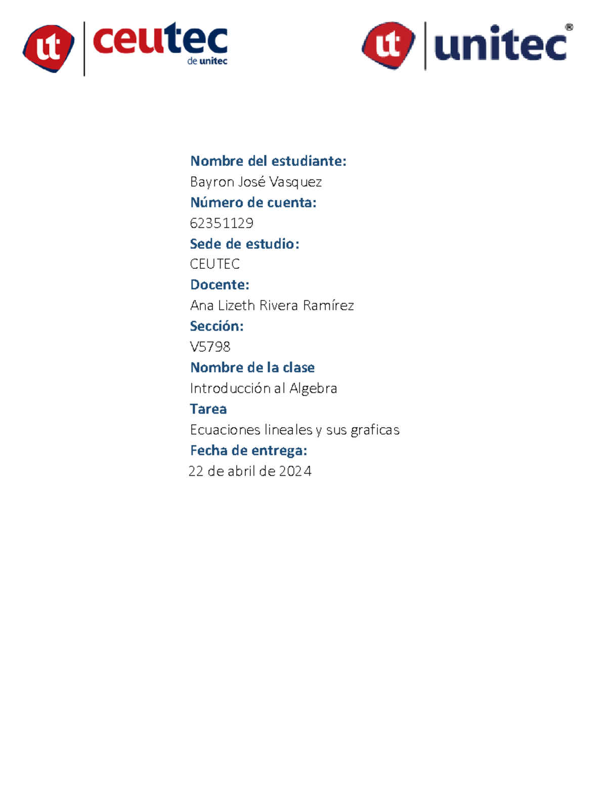 Ecuaciones lineales y sus graficas - Álgebra - Nombre del estudiante ...