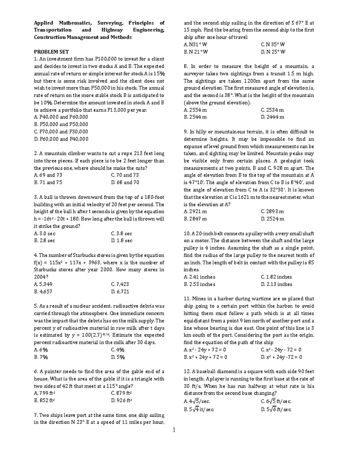 Subject 1 Problem SET - Applied Mathematics, Surveying, Principles of ...