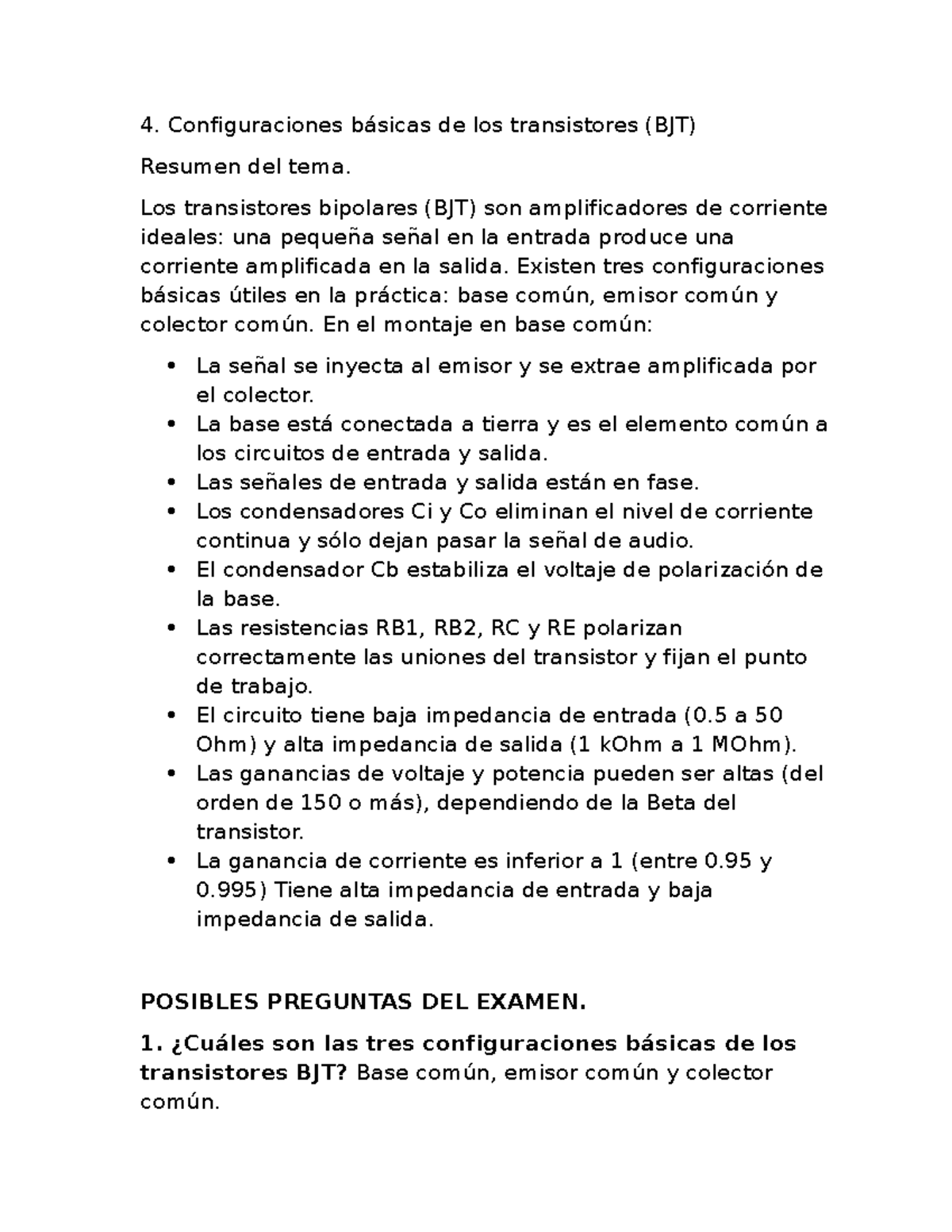 4. Configuraciones Básicas de Transistores BJT: Resumen y Preguntas de Examen - Studocu