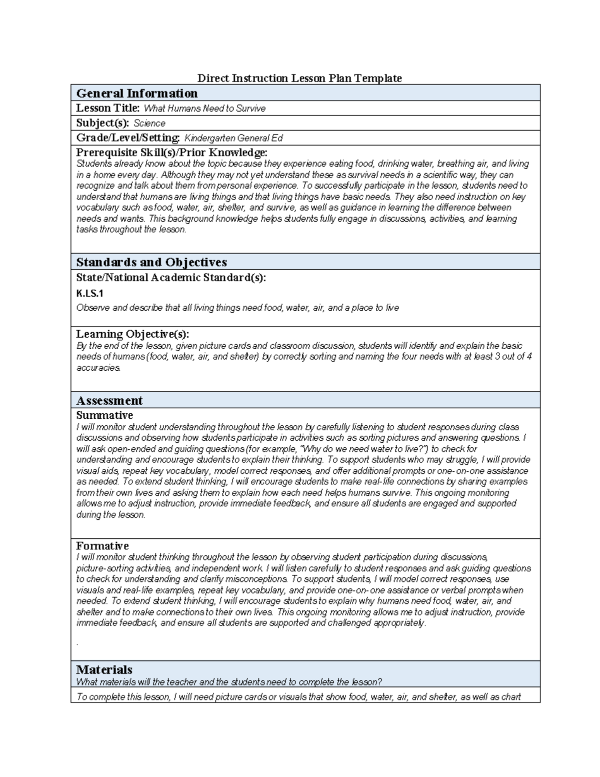5E Lesson Plan: Understanding Human Survival Needs (K.SCI) - Studocu
