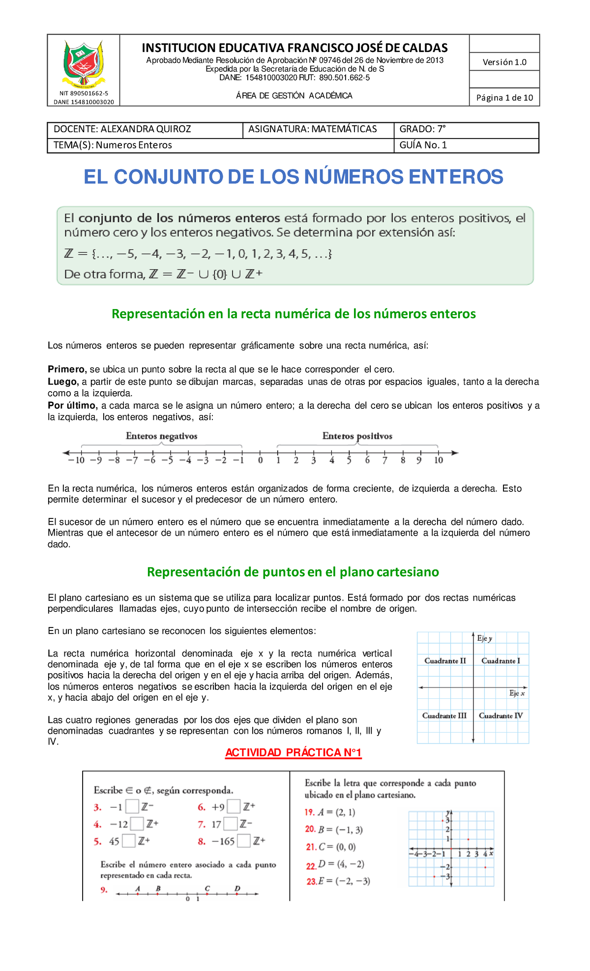 GUIA 1 Numeros Enteros Grado 7 - NIT 890501662- DANE 154810003020 Aprobado Mediante Resolución ...