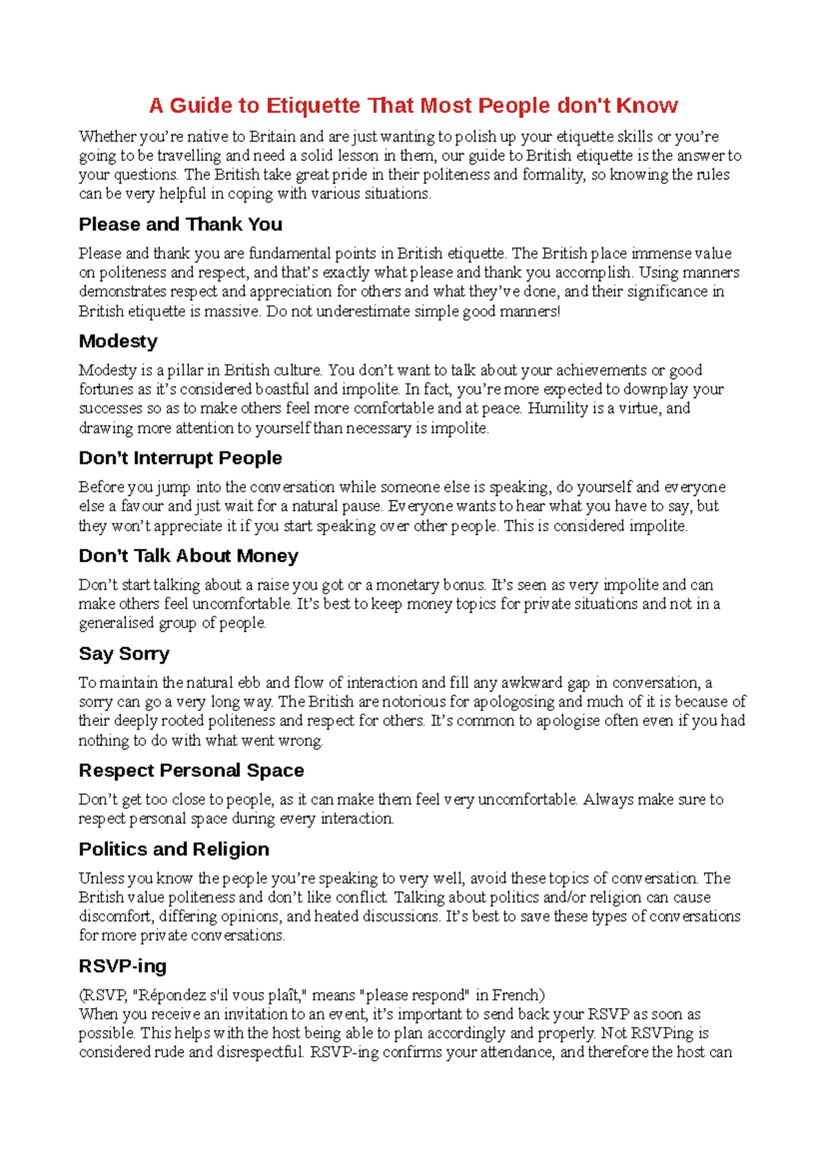 A Guide to British Etiquette: Essential Tips for Politeness - Studocu