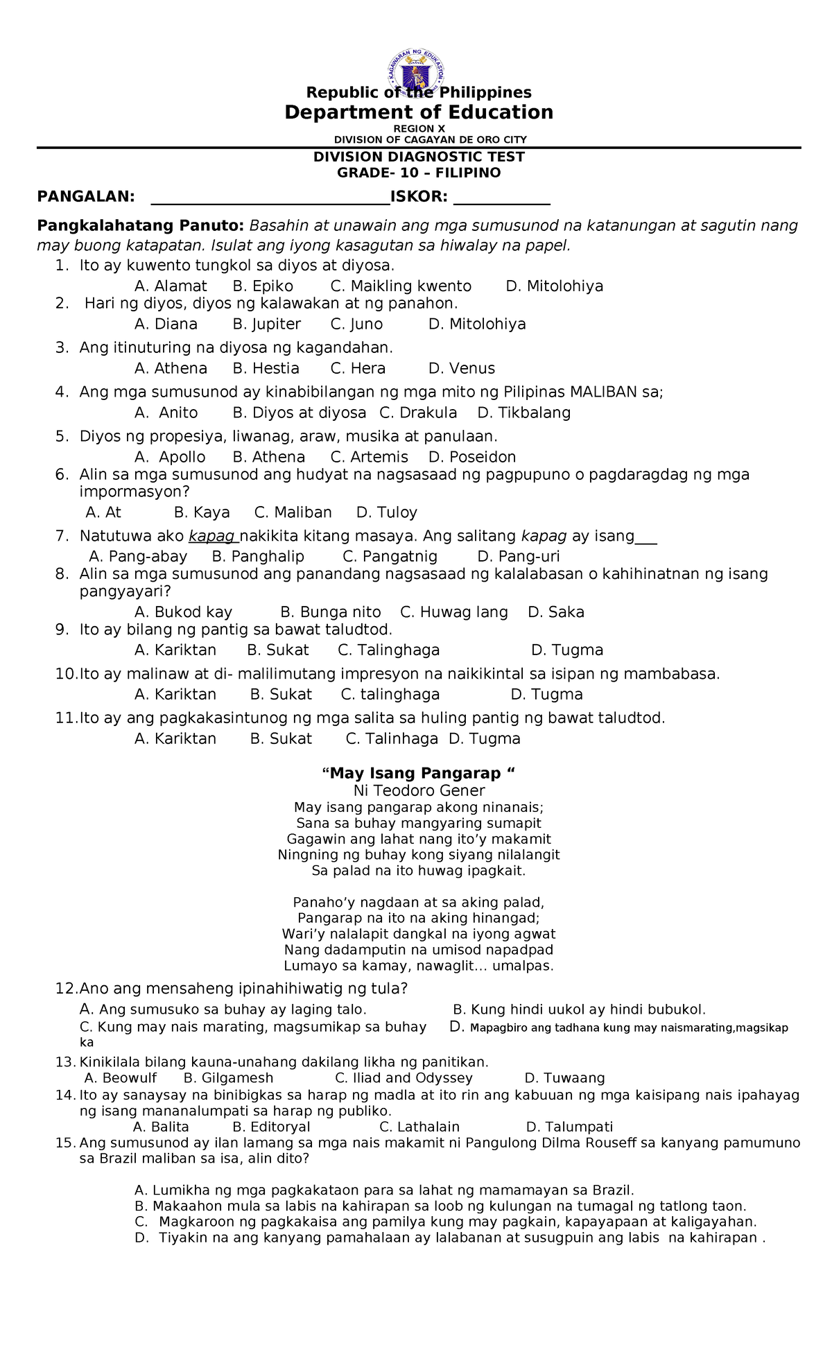 Filipino-10- Division Diagnostic Test for Grade 10 Students - Studocu