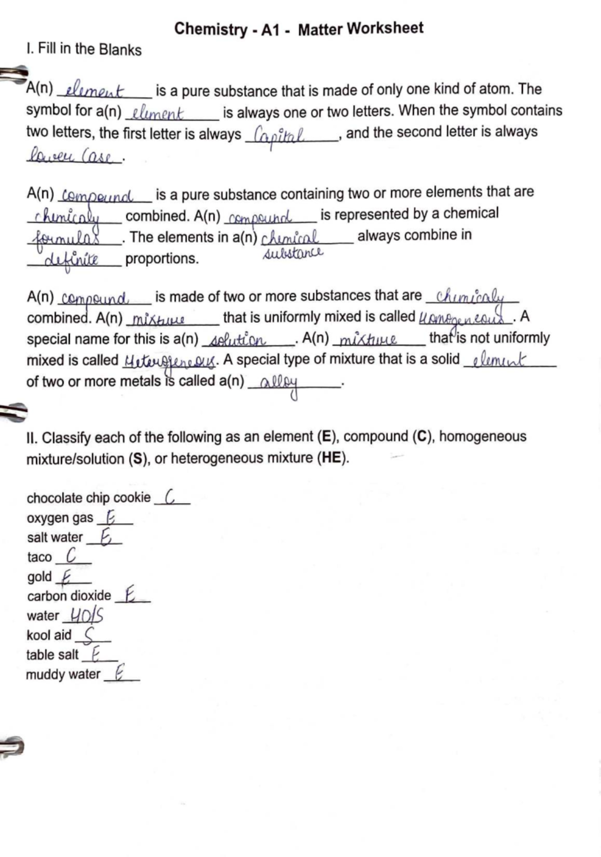 A1 Chemistry Matter Worksheet I: Fill in the Blanks & Classifications ...
