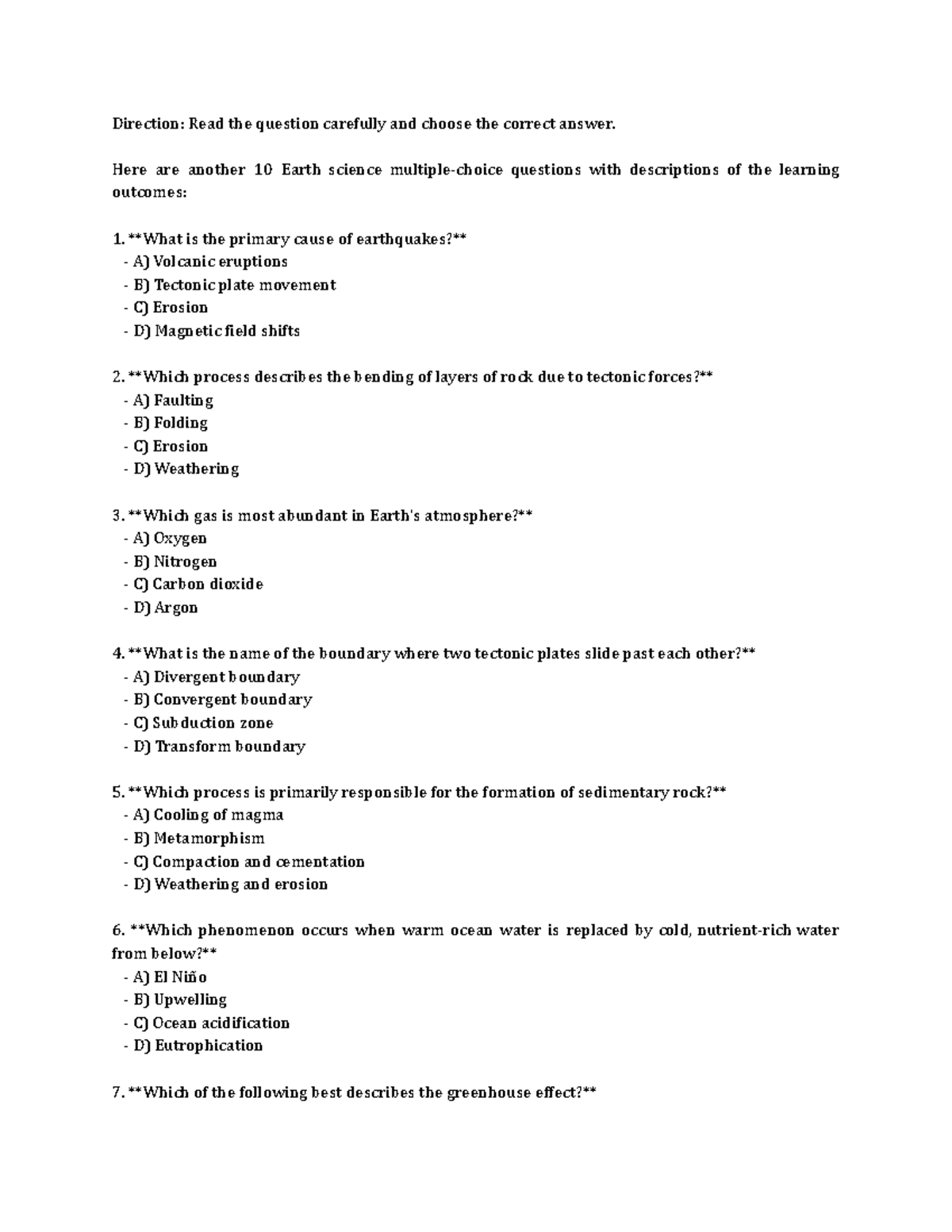EE63 - Earth Science Quiz: Understanding Tectonics & Atmosphere - Studocu