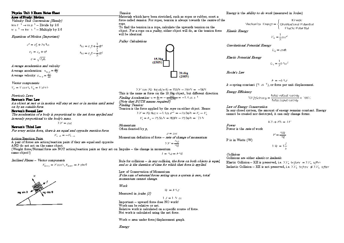 Physics Unit 2 Exam Notes - Physics Unit 2 Exam Notes Sheet Area of ...