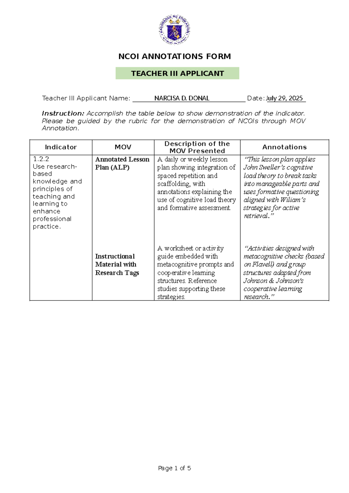 NCOI Annotations Form for Teacher III Applicant - Final Submission ...