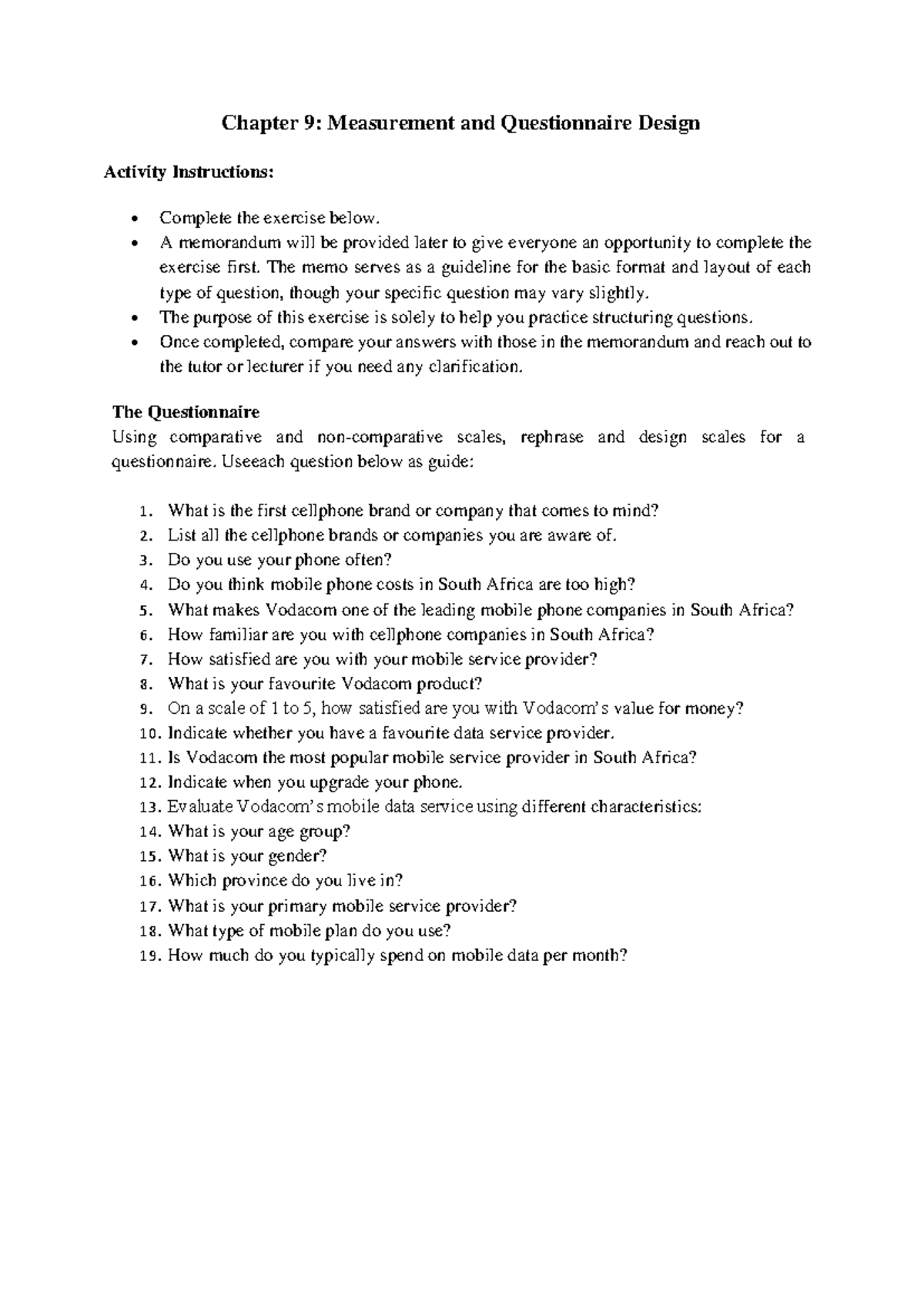 Chapter 9: Measurement & Questionnaire Design Activity Instructions ...