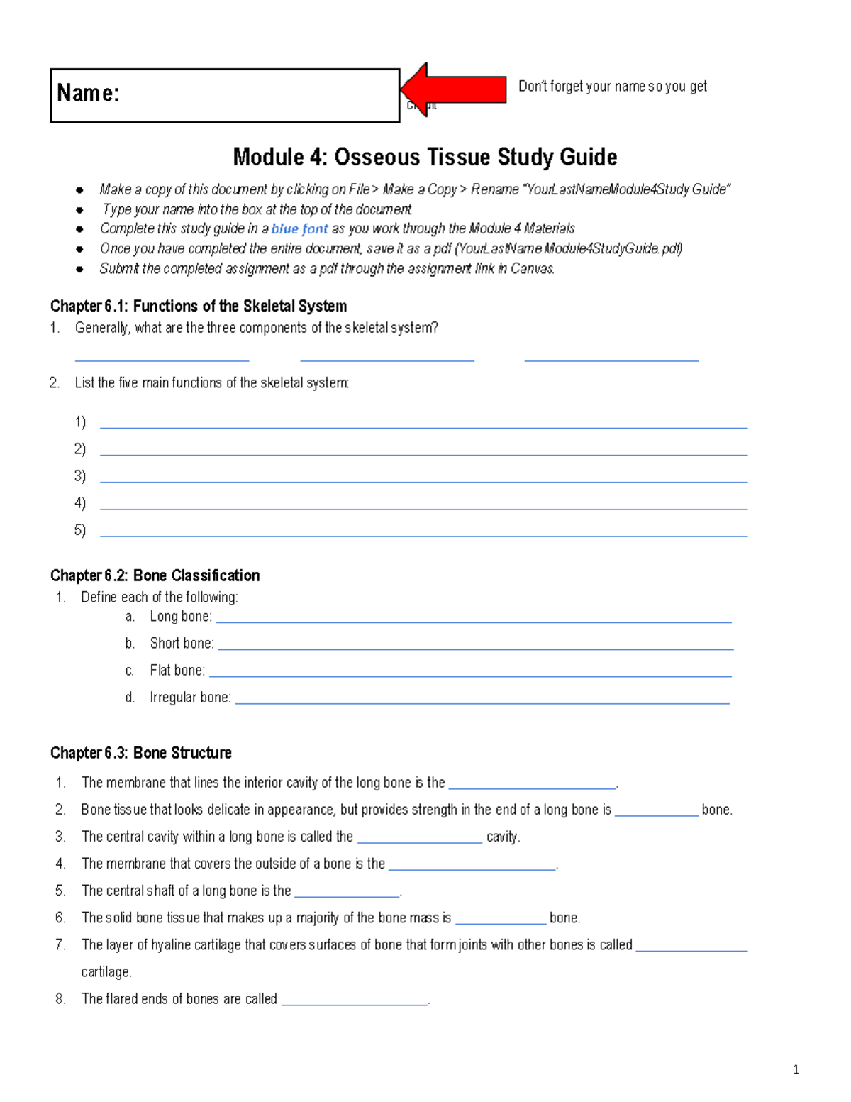 BIO 141 Module 4 Study Guide: Osseous Tissue Overview - Name: Don’t ...