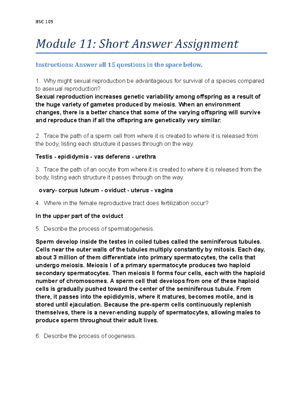 BSC 109 Module 11 Short Answer Assignment on Reproductive Biology - Studocu