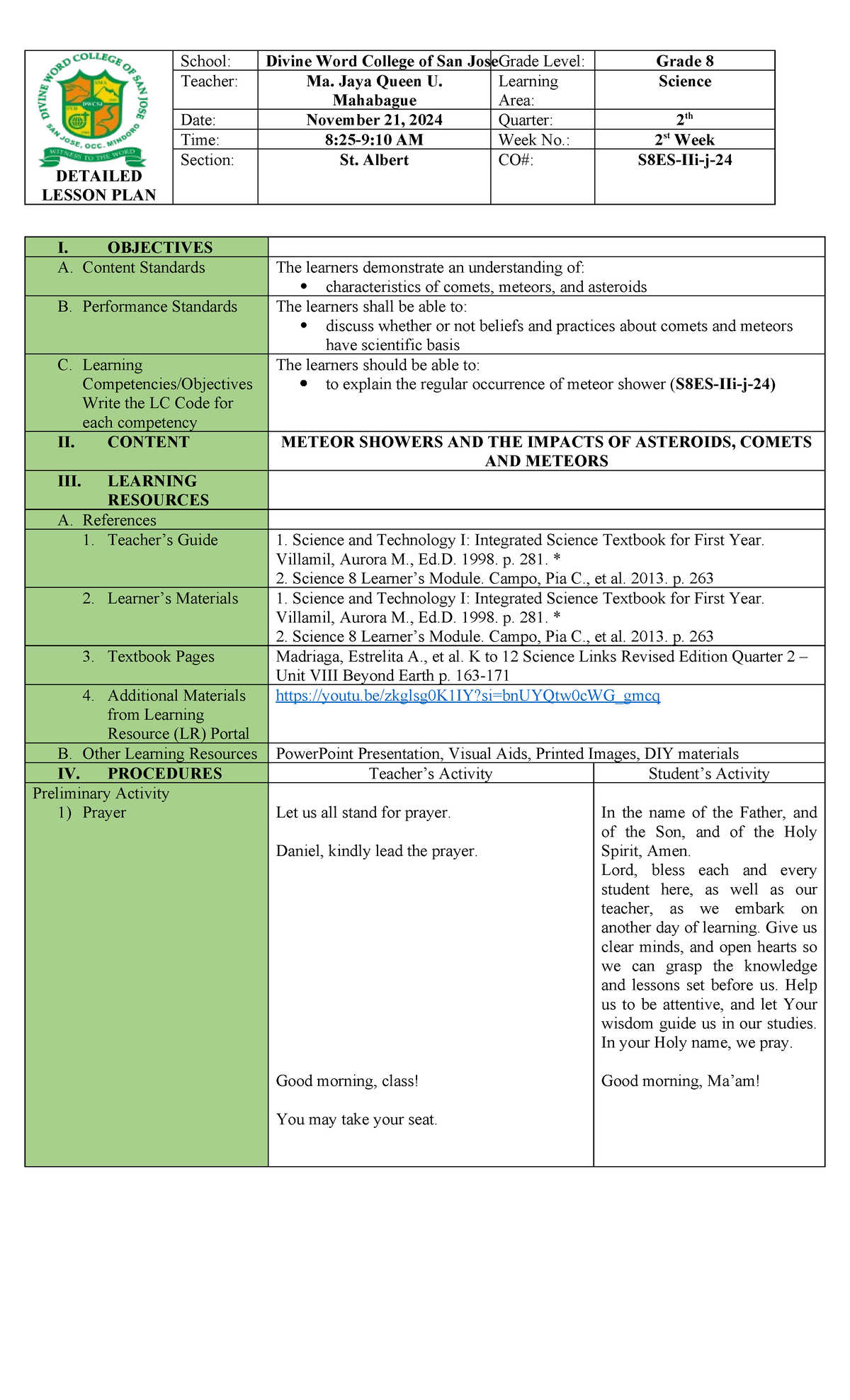 Detailed- Lesson-PLAN - DETAILED LESSON PLAN School: Divine Word ...