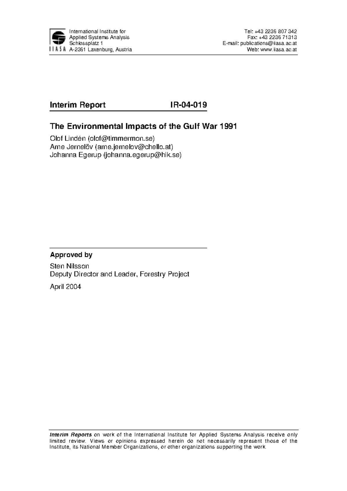 IR 04 019 - Environmental Impacts of the Gulf War: An Interim Report ...