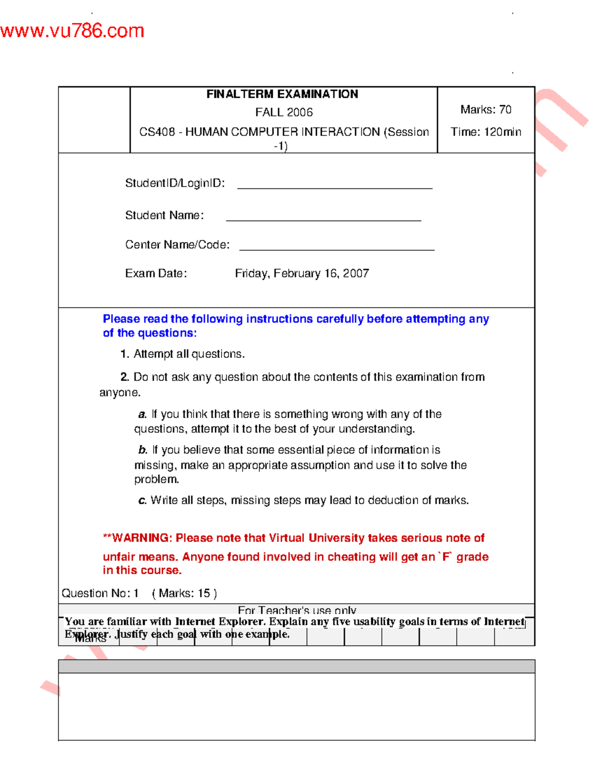 Cs408 final term 1 www - FINALTERM EXAMINATION FALL 2006 CS408 - HUMAN ...