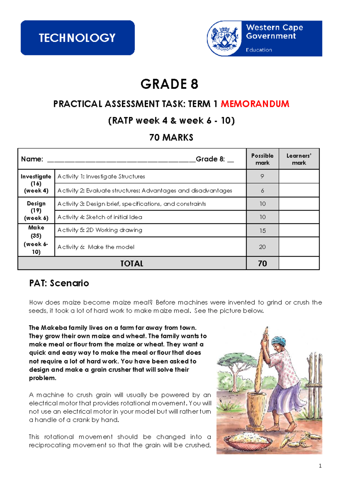 Tech Gr 8 PAT 2025: Term 1 Practical Assessment Memo - Studocu