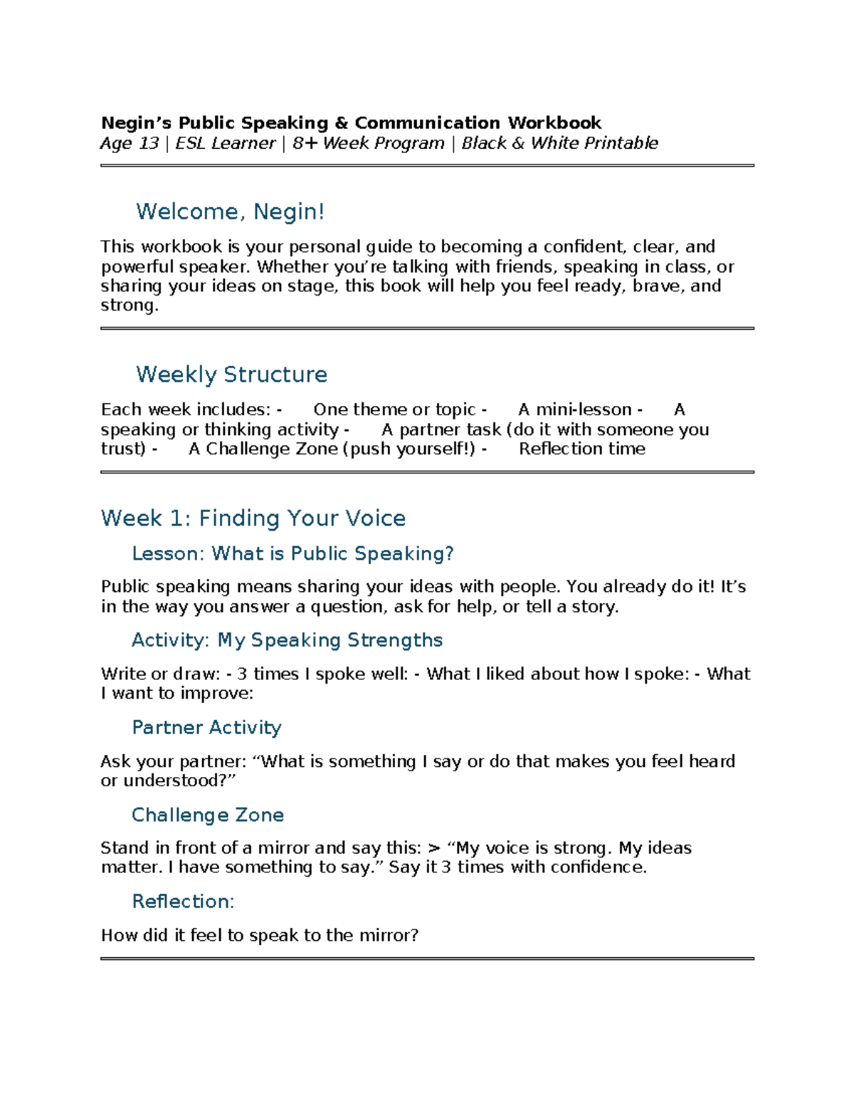 ESL Public Speaking Workbook for Age 13: Weekly Activities Guide - Studocu