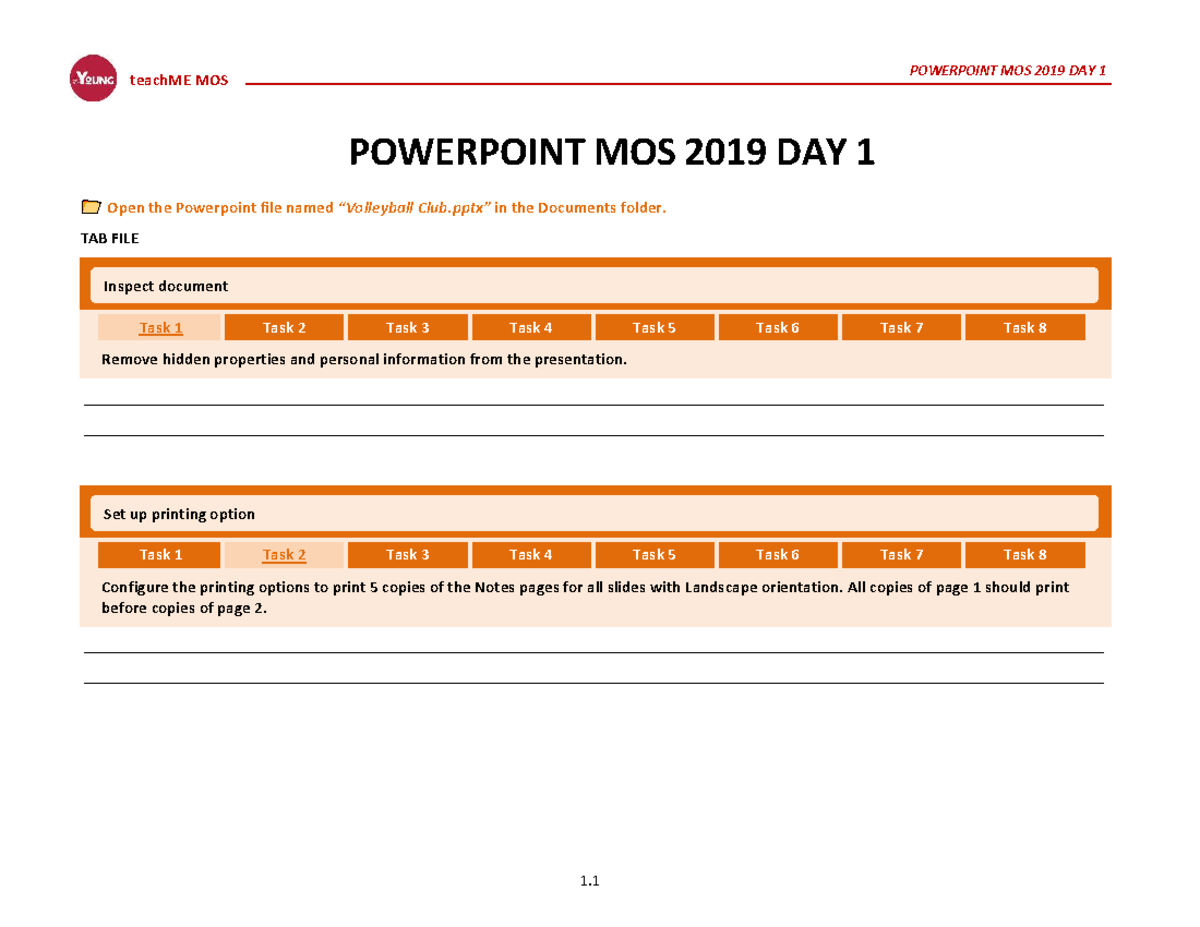 POWERPOINT MOS 2019 DAY 1: TeachME Tasks and Formatting Guide - Studocu