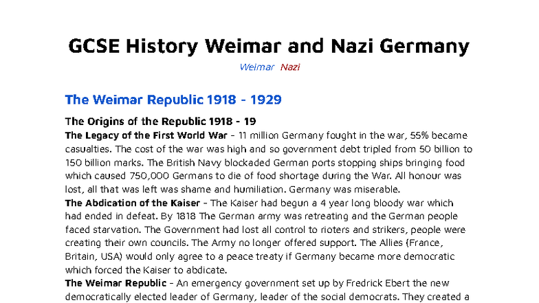 GCSE History: Weimar and Nazi Germany 1918-1939 Overview - Studocu