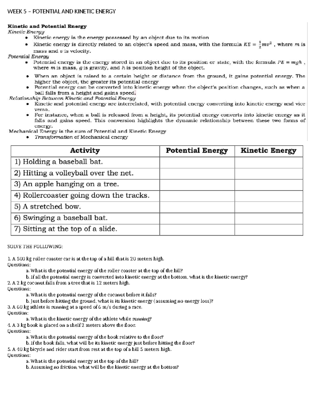 WEEK 5 Science 8: Potential & Kinetic Energy Problems - Studocu