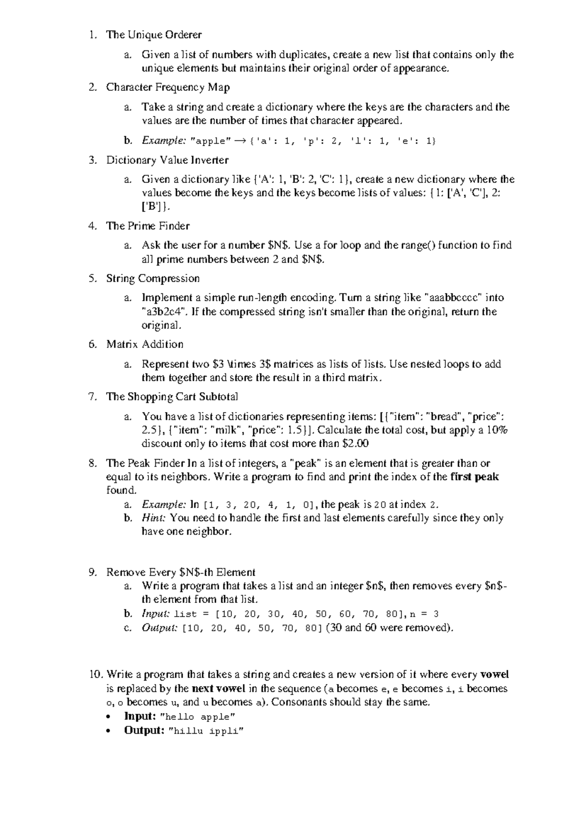 Loop and Data Type Exercises (CS101) - Unique Elements & More - Studocu