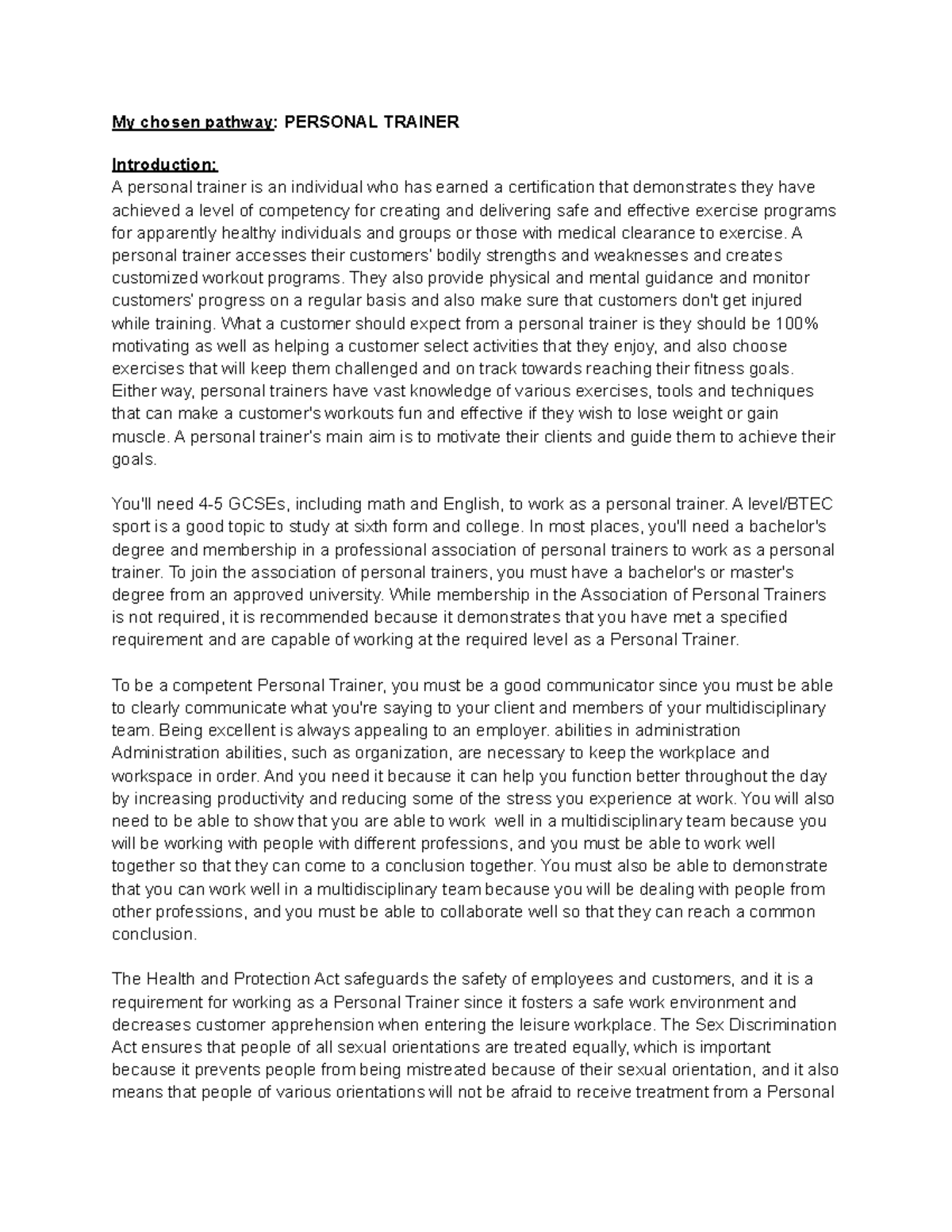 Unit 3 Assign 1: Comprehensive Overview of Personal Trainer Roles - Studocu