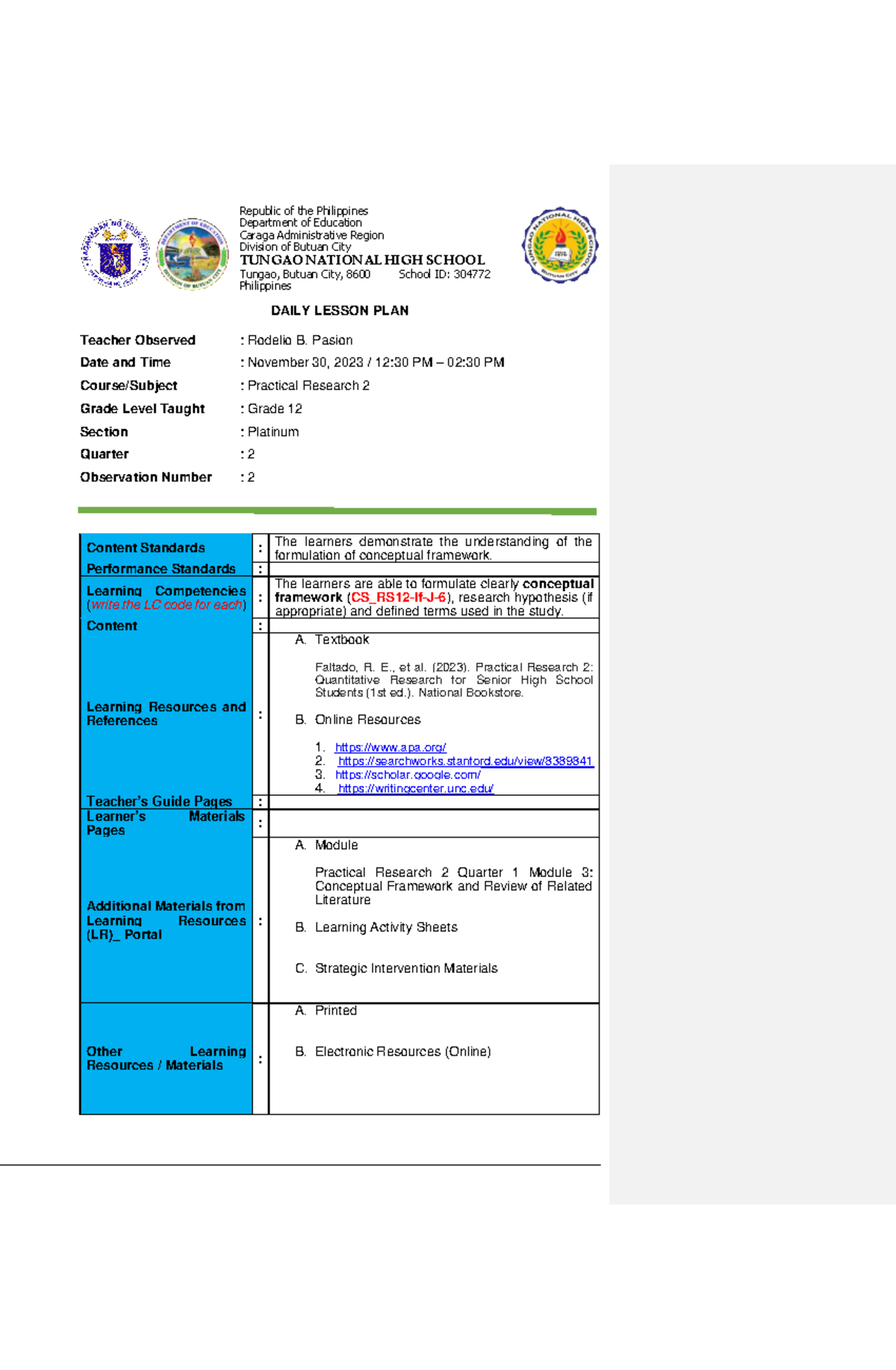 Practical Research 2 (Grade 12) Sample Lesson Plan with Annotations ...