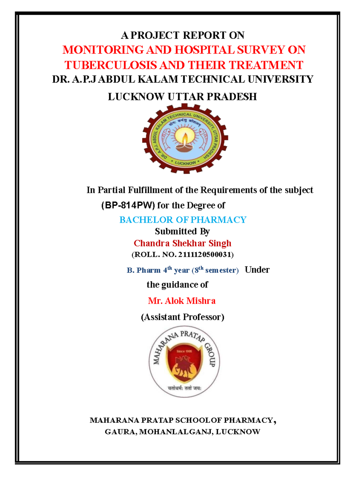 Project Report on Tuberculosis Monitoring & Treatment - B. Pharm 4th ...