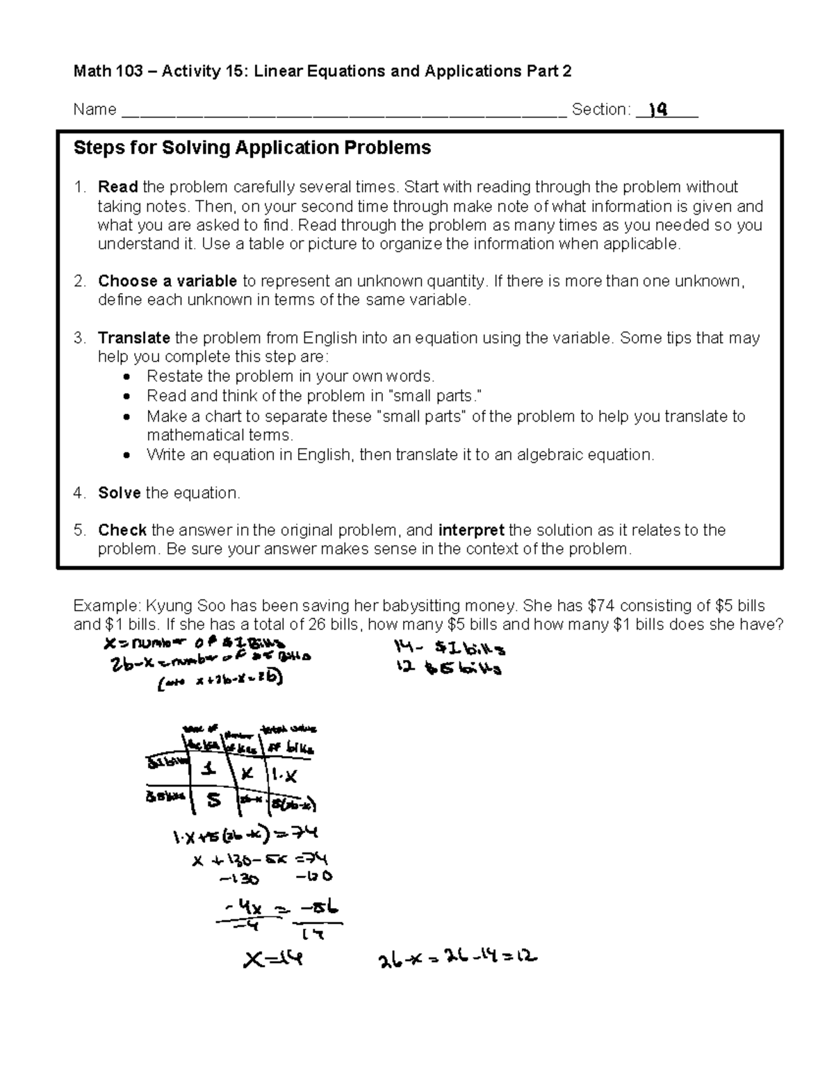 Math 103 - Activity 15: Solving Linear Equations & Applications Part 2 - Studocu