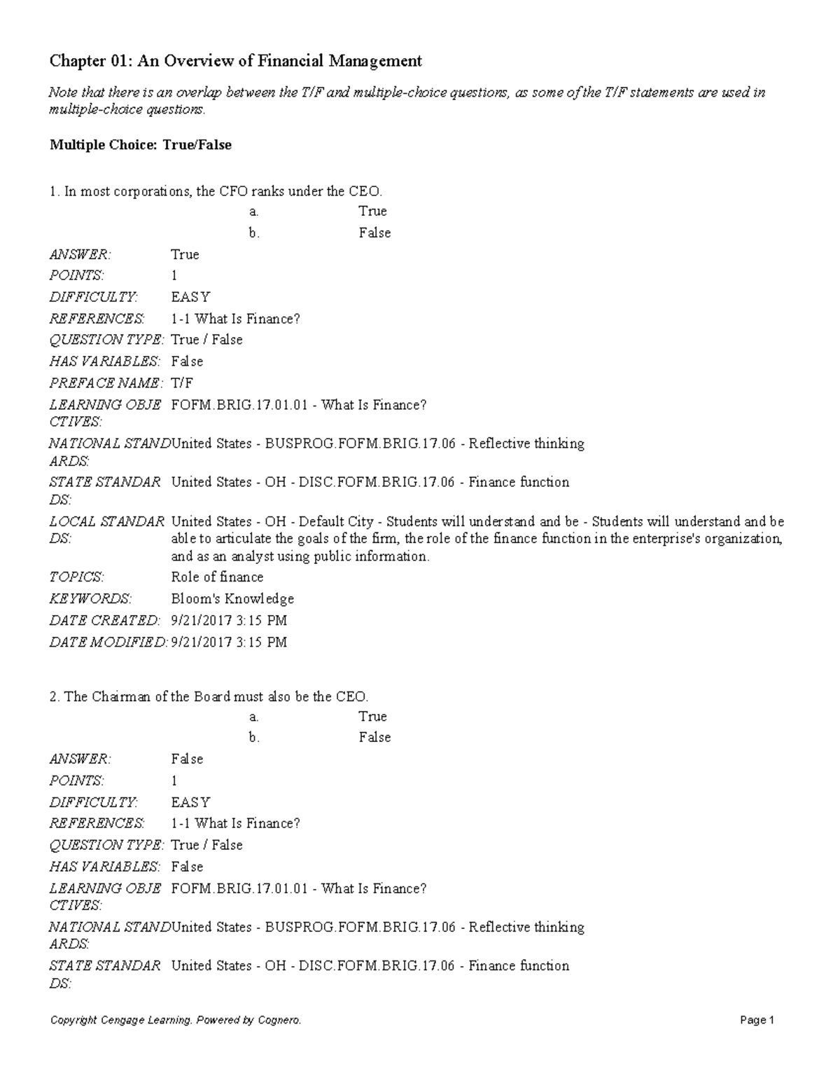 Chapter 01: Overview of Financial Management Concepts and Principles - Studocu