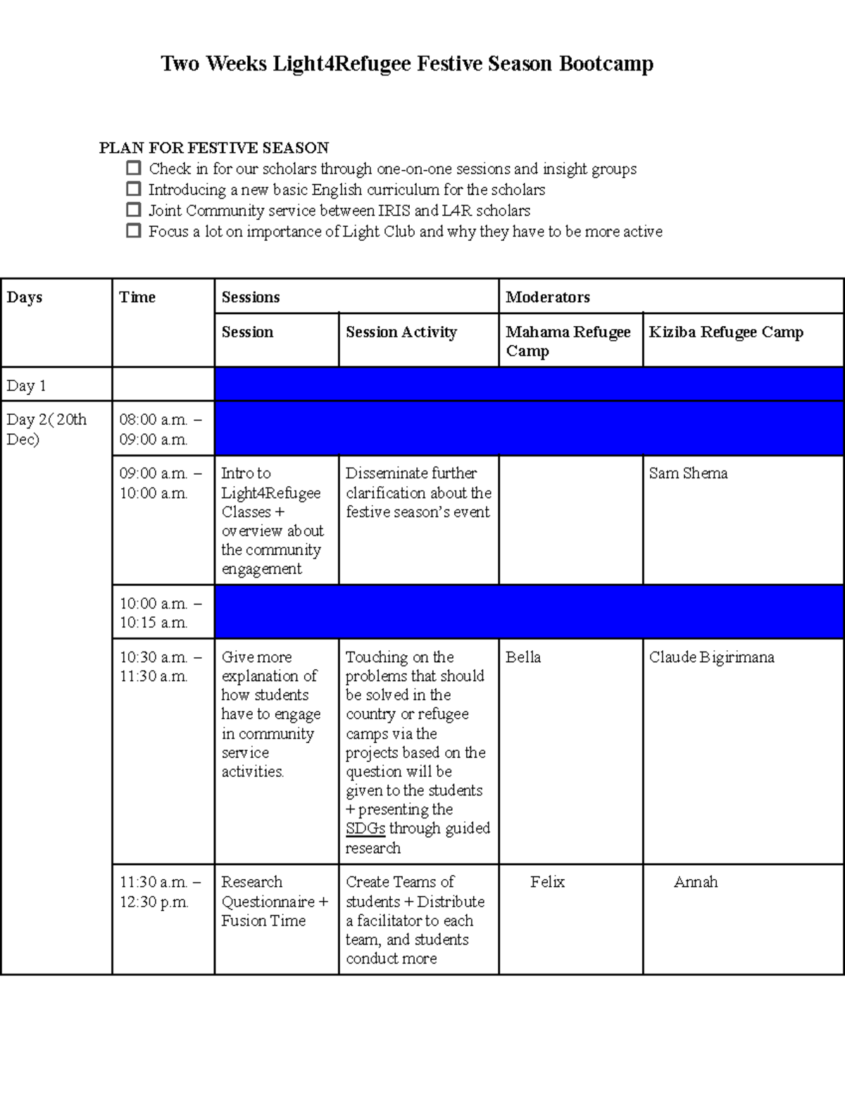 Two Weeks Light4Refugee Festive Season Bootcamp Plan - Studocu