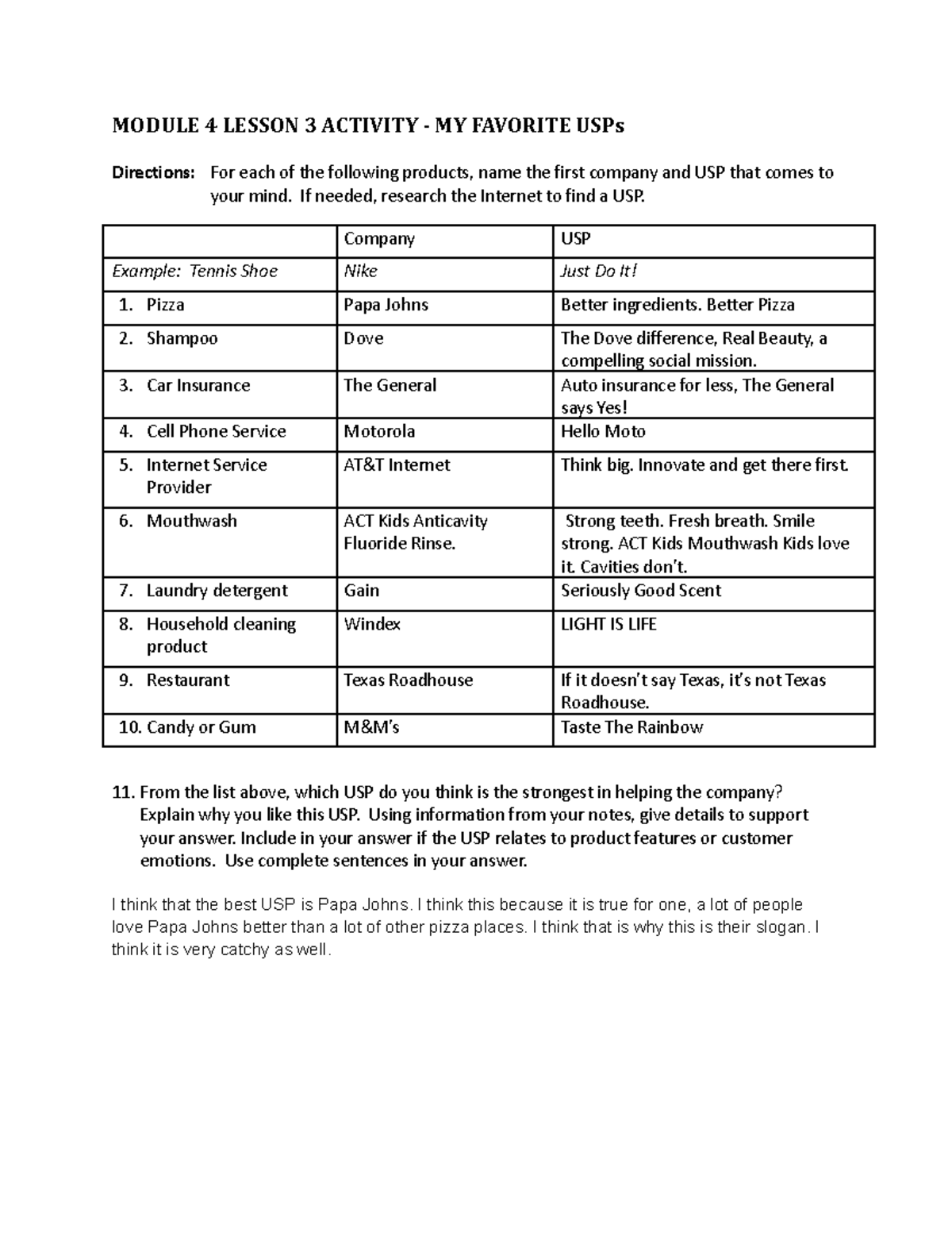 Module Four Lesson Three Activity - My Favorite USP - MODULE 4 LESSON 3 ...