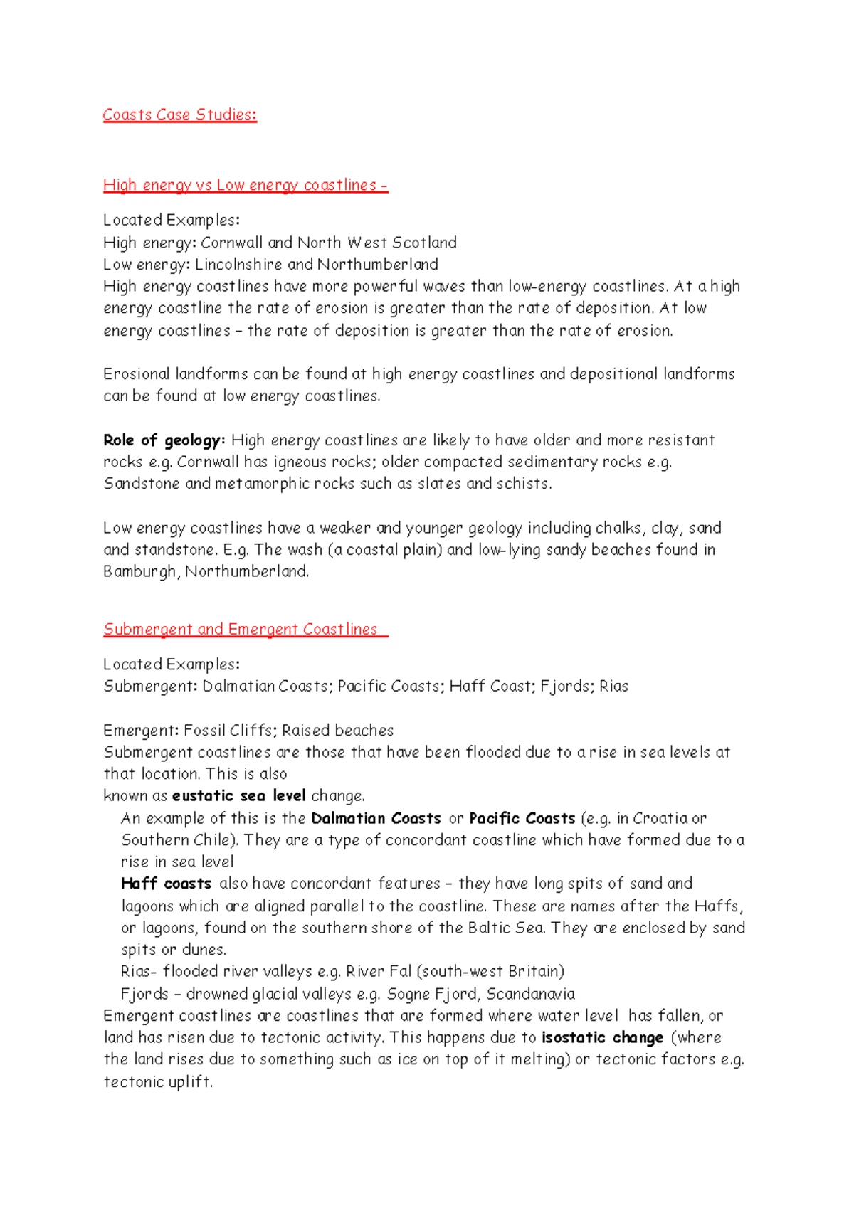 Coasts Case Studies detailed - Coasts Case Studies: High energy vs Low ...