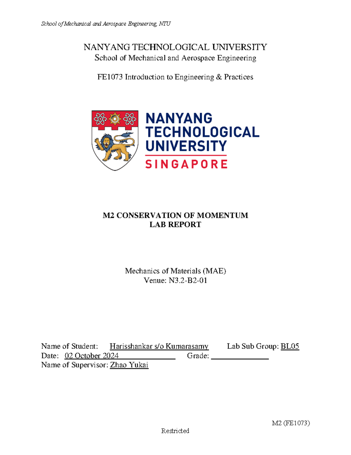 M2 Conservation of Momentum LAB Report - M2 (FE1073) NANYANG ...