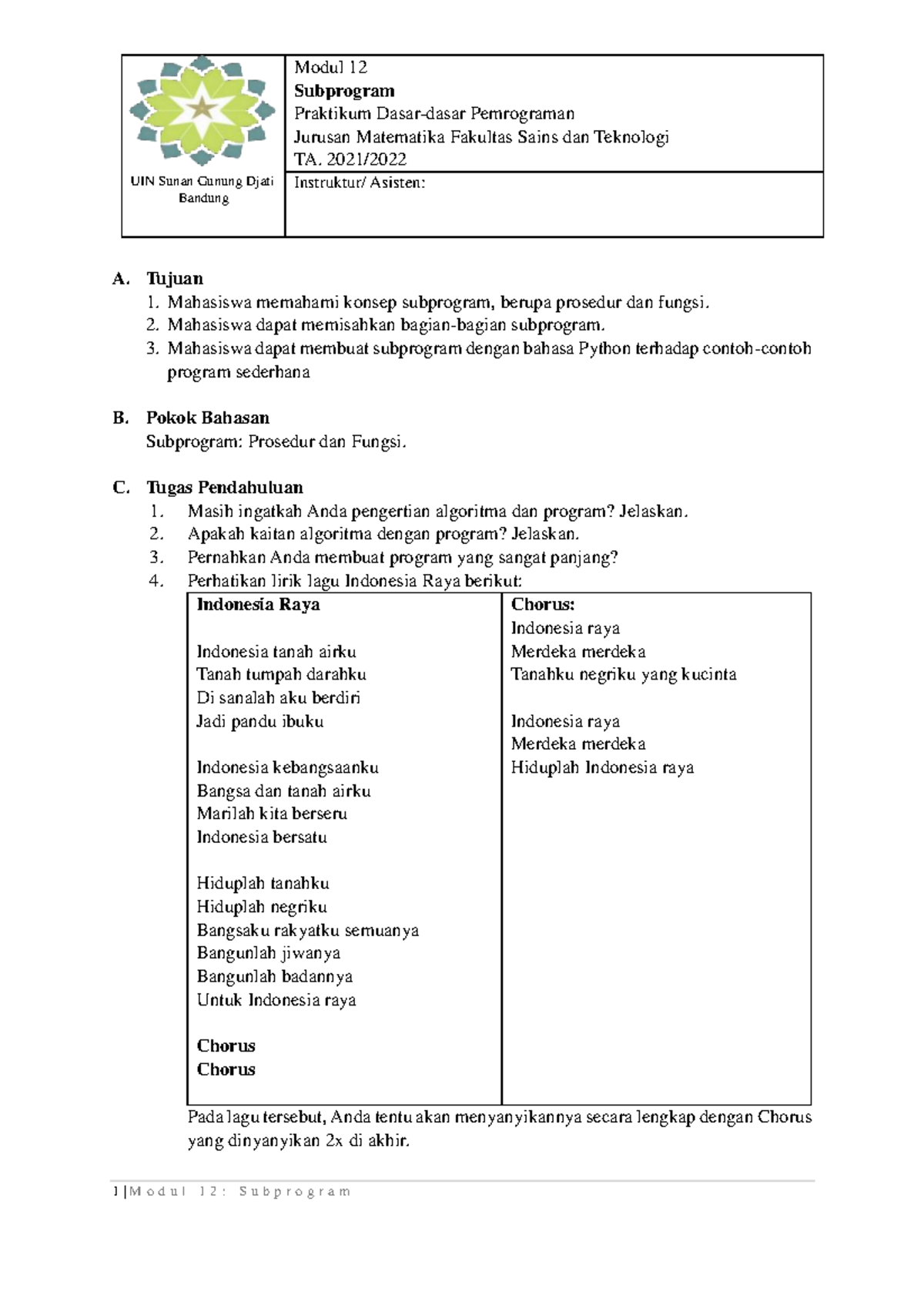 Modul 12: Subprogram dalam Praktikum Dasar-Dasar Pemrograman 2021 - Studocu