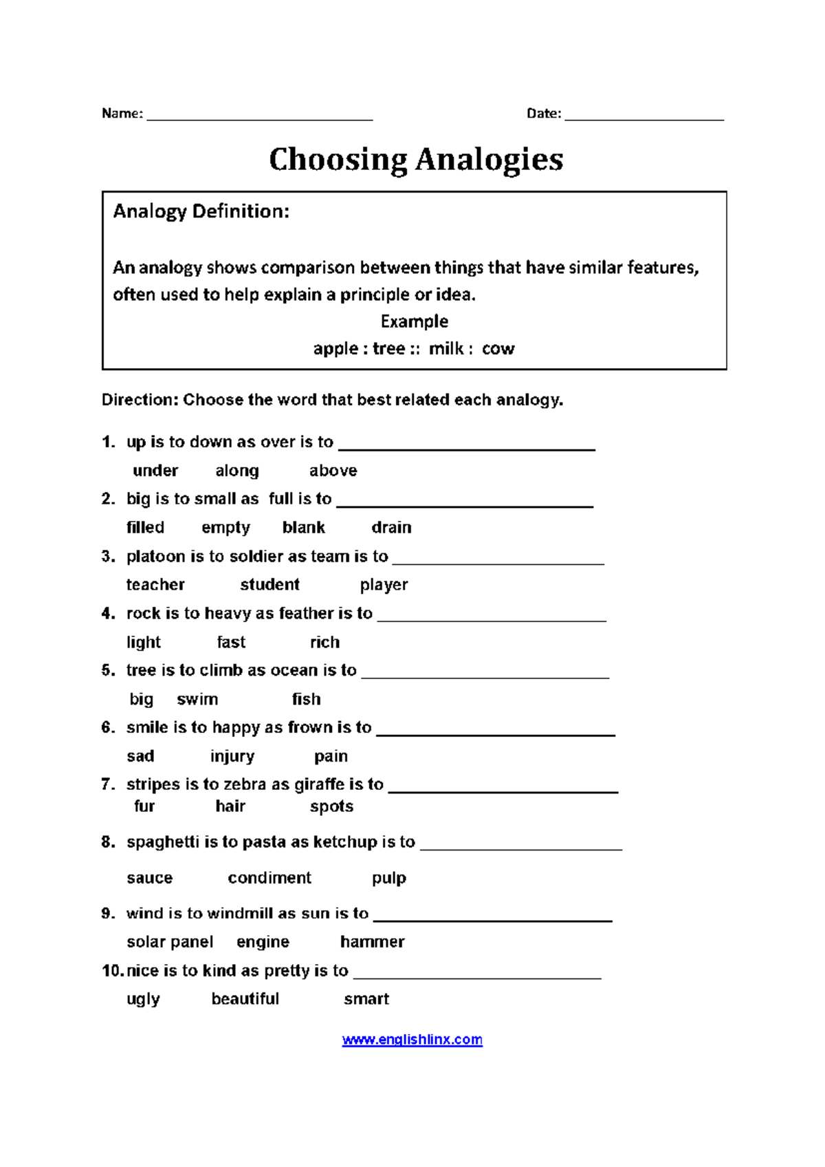 Analogy activity - Name: Date: Choosing Analogies Analogy Definition ...