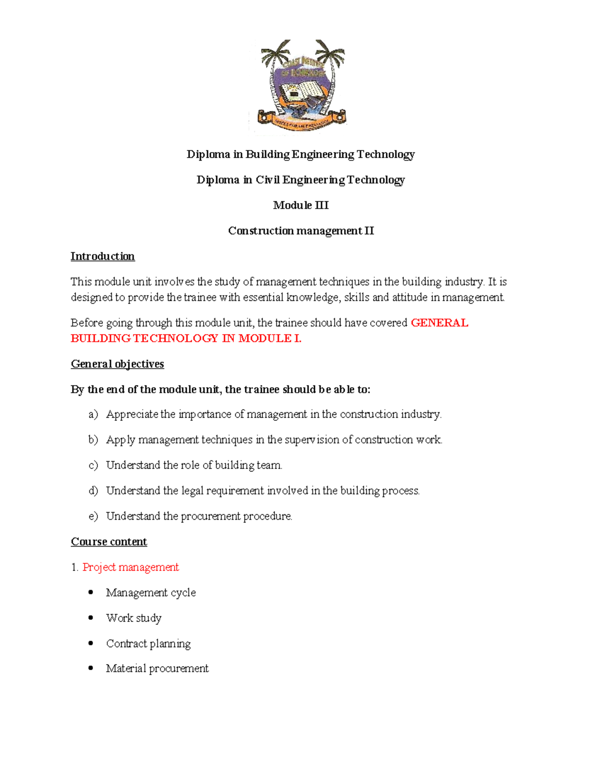Construction Management II Course Outline - Diploma in Building ...
