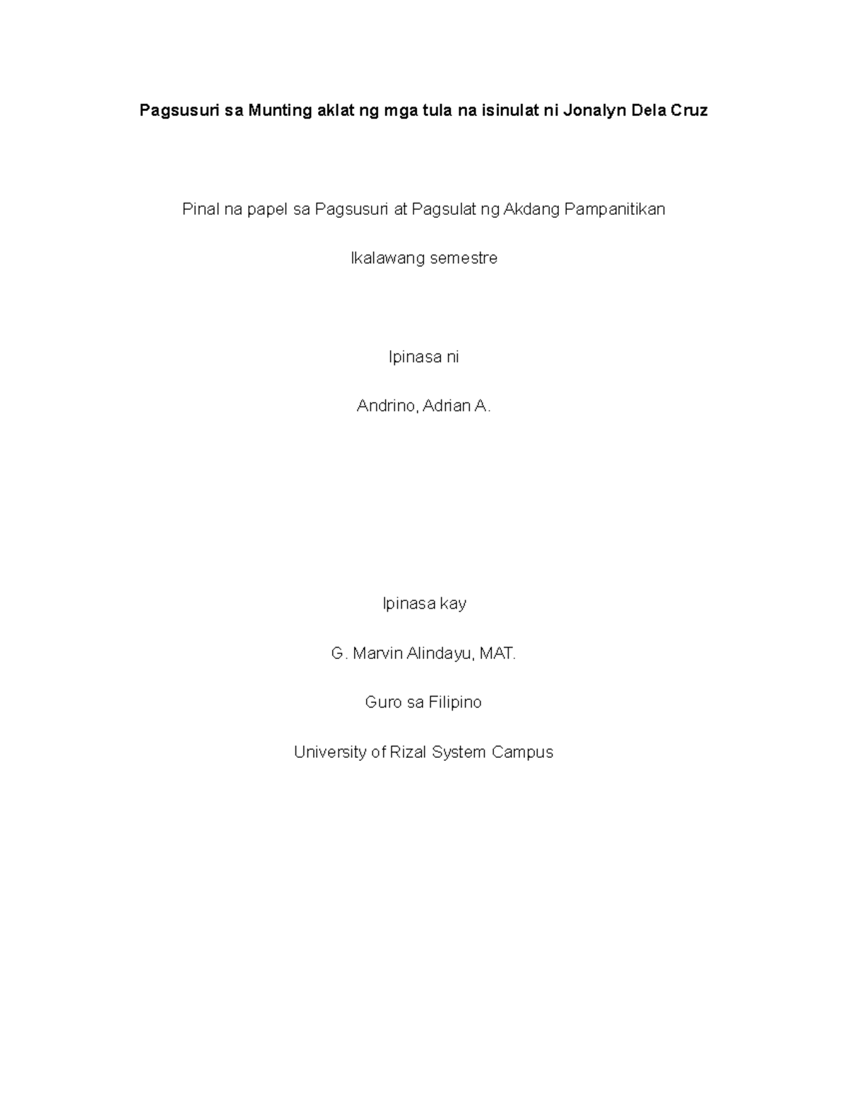 Pagsusuri sa "Munting Aklat ng mga Tula" ni Jonalyn Dela Cruz: Pinal na ...