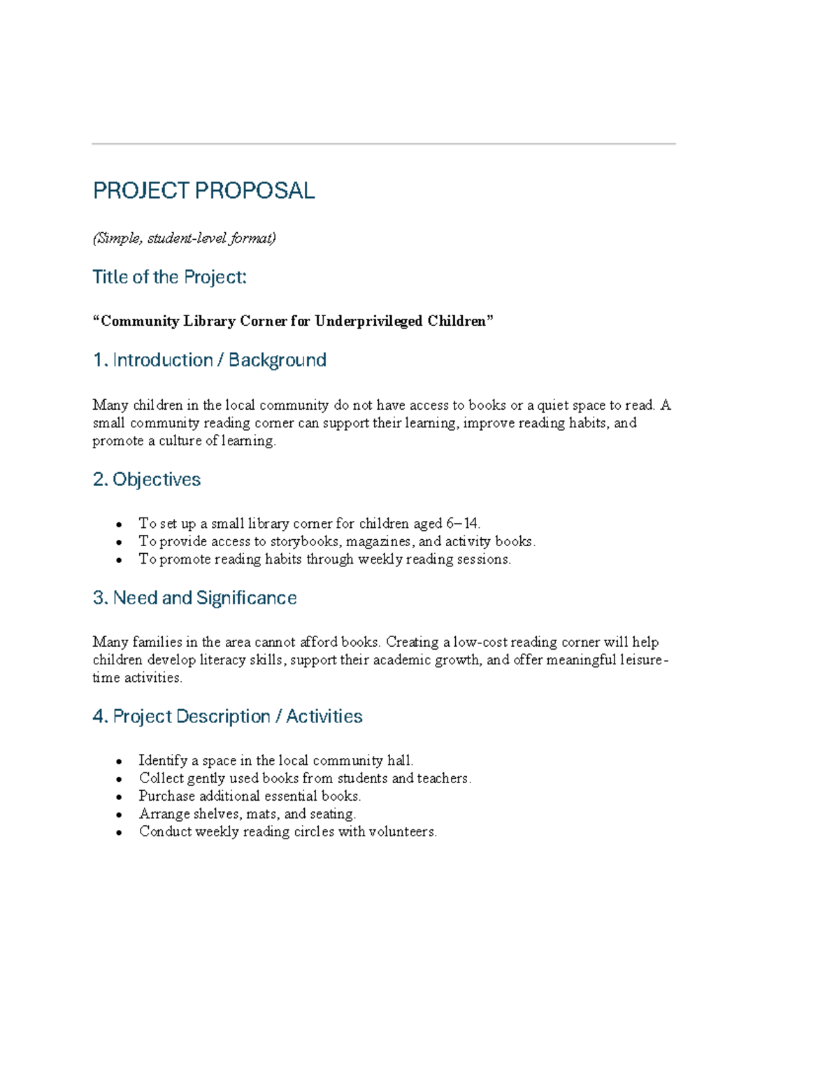 PROJECT PROPOSAL: Library Corner for Underprivileged Children - Studocu