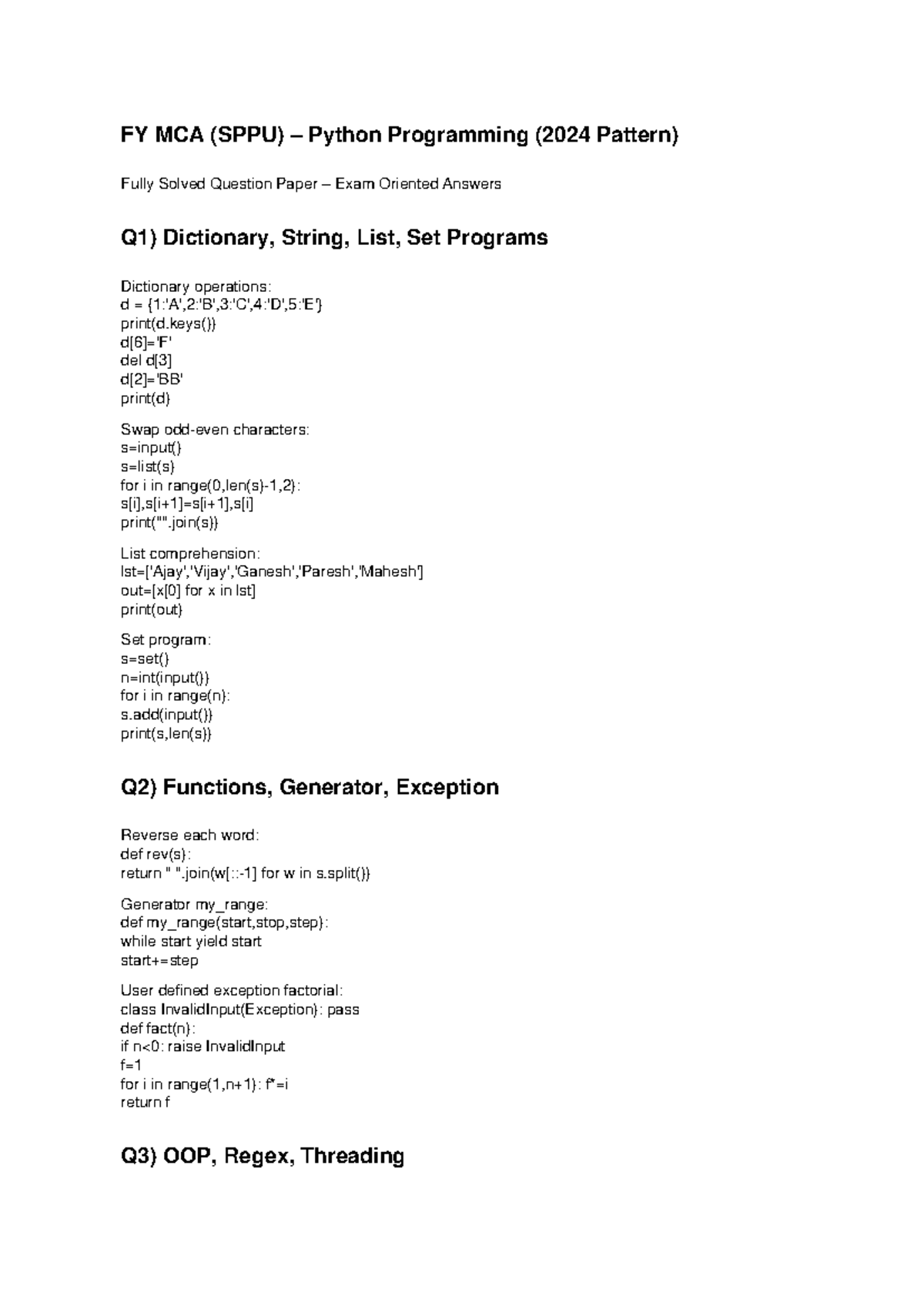 FY MCA (SPPU) Python Programming Fully Solved Exam Q&A - Studocu