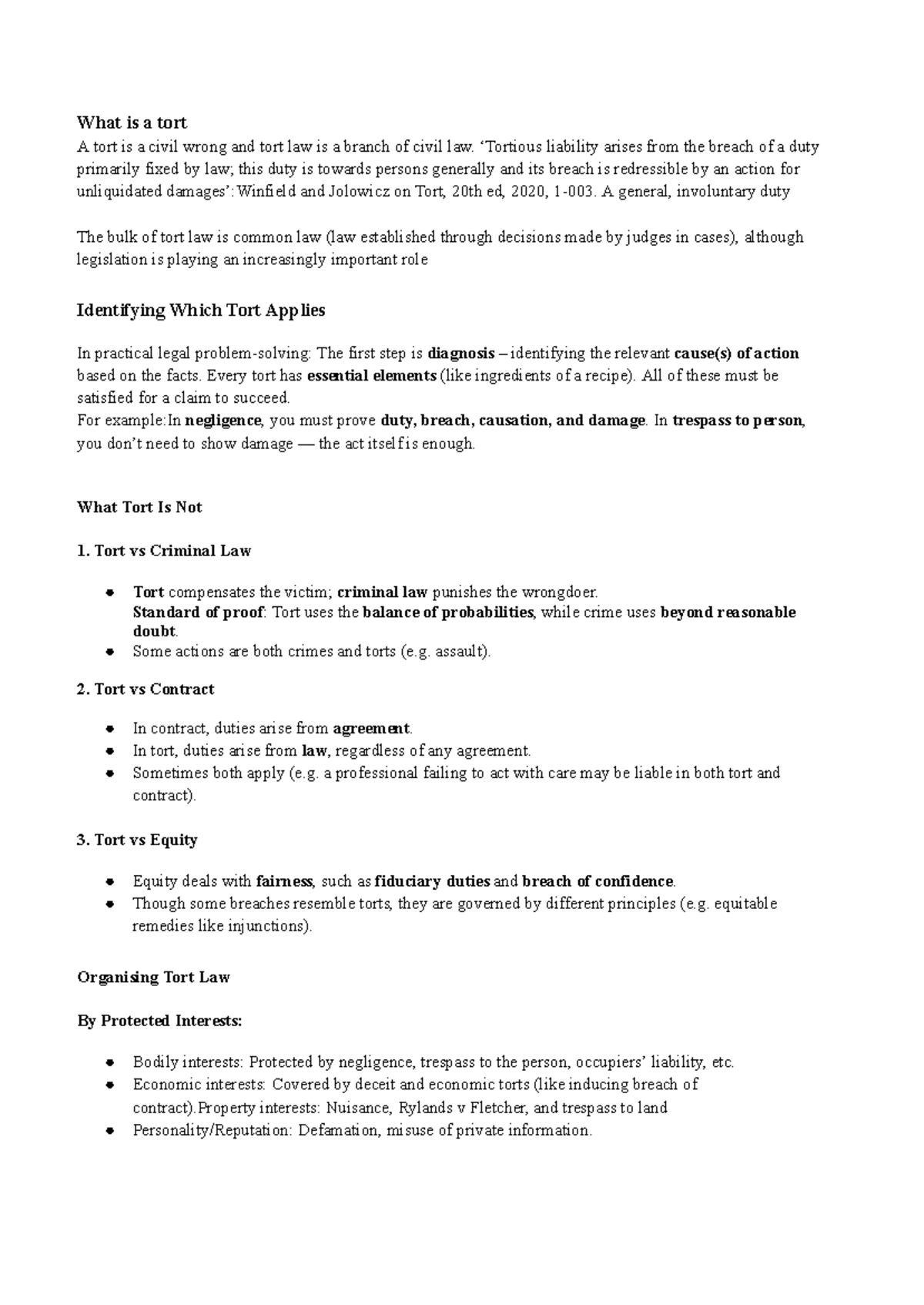 Tort Law Overview and Key Concepts - KCL Notes - Studocu