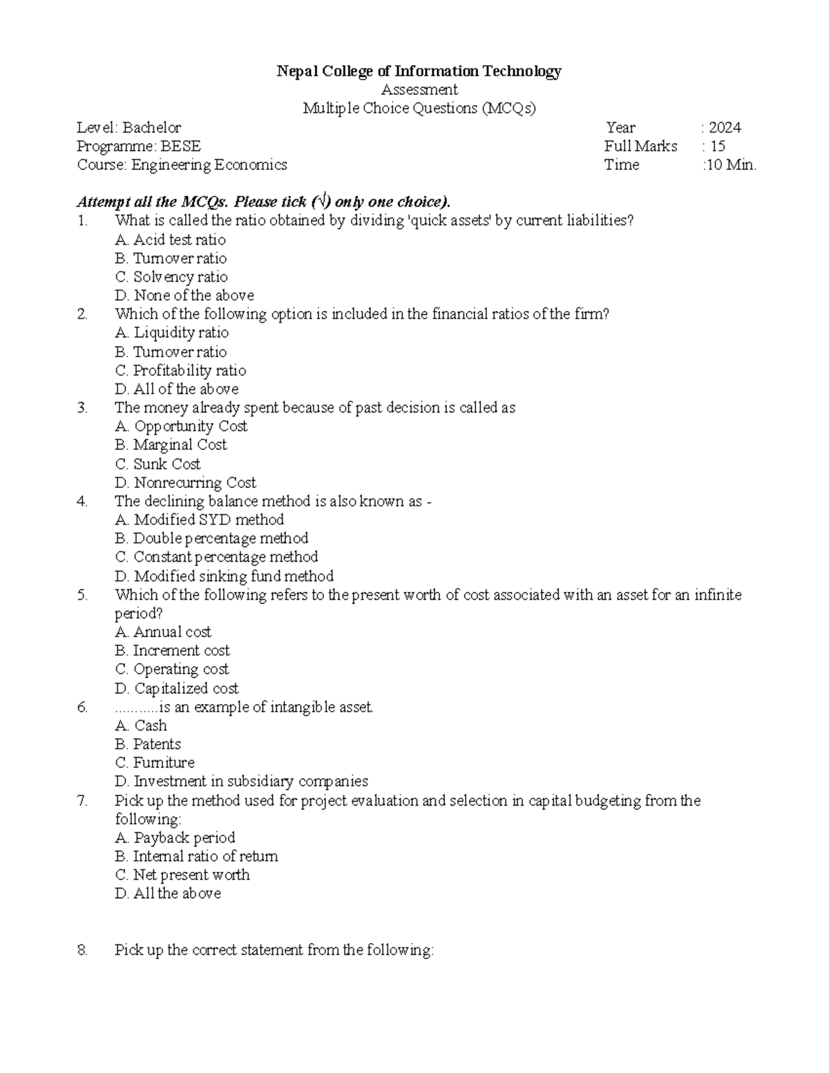 NCIT BESE Engineering Economics MCQs 2024 - Assessment Questions - Studocu