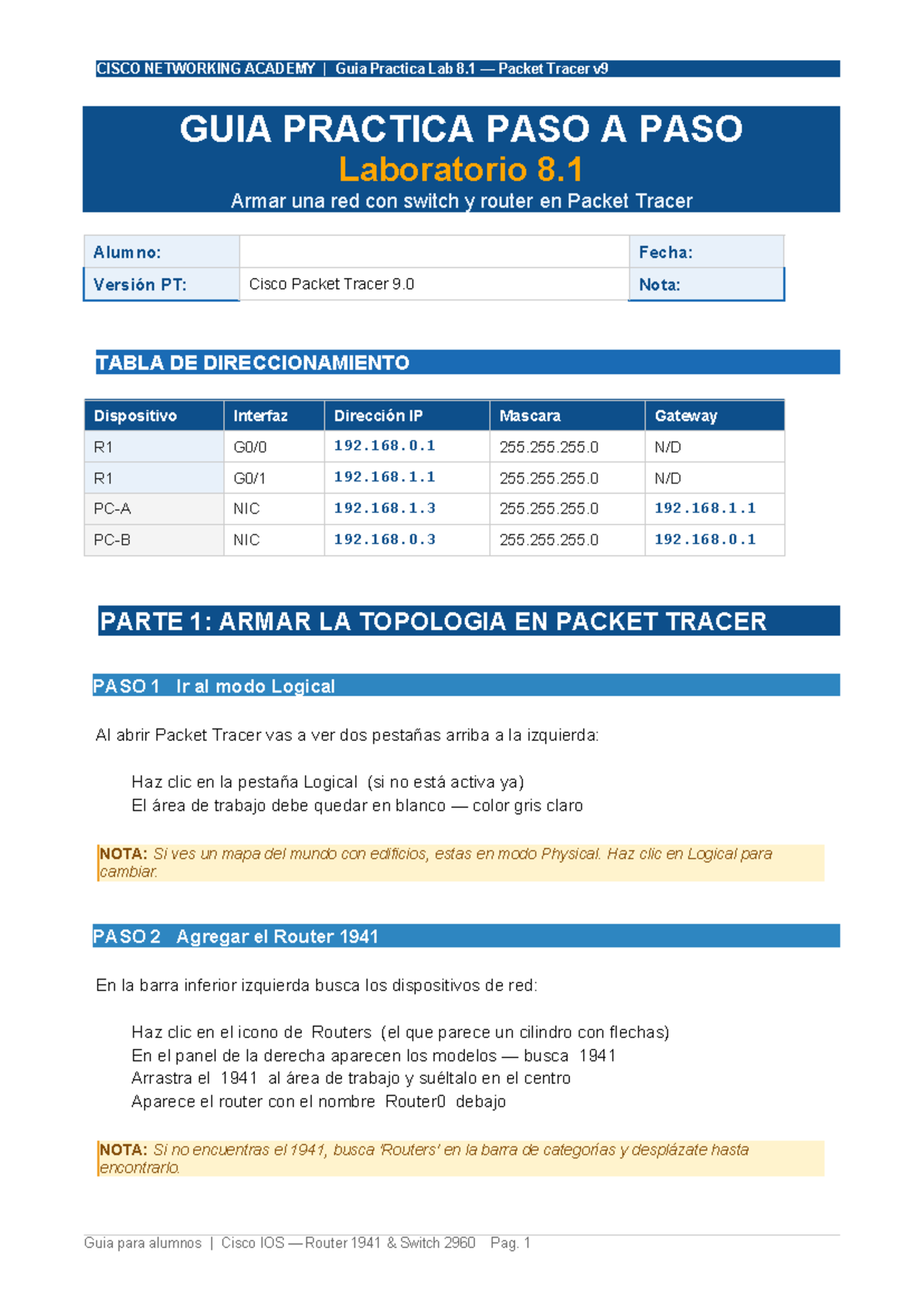 CISCO NETWORKING ACADEMY Lab 8.1: Configuración de Red en Packet Tracer ...