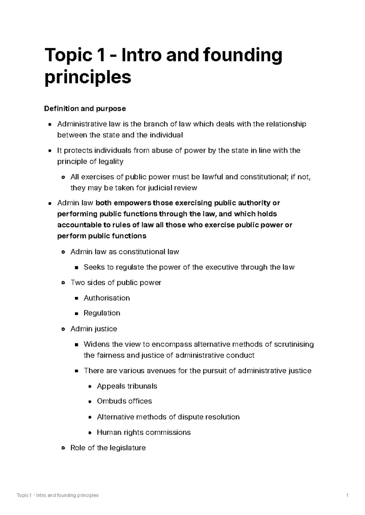 Admin Law: Topic 1 - Intro & Founding Principles Overview - Studocu