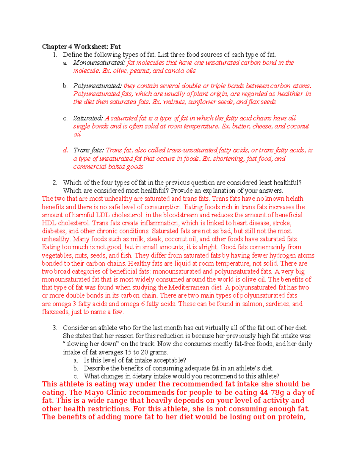 Chapter 4 Worksheet: Fat Types and Athlete Fat Intake Analysis - Studocu