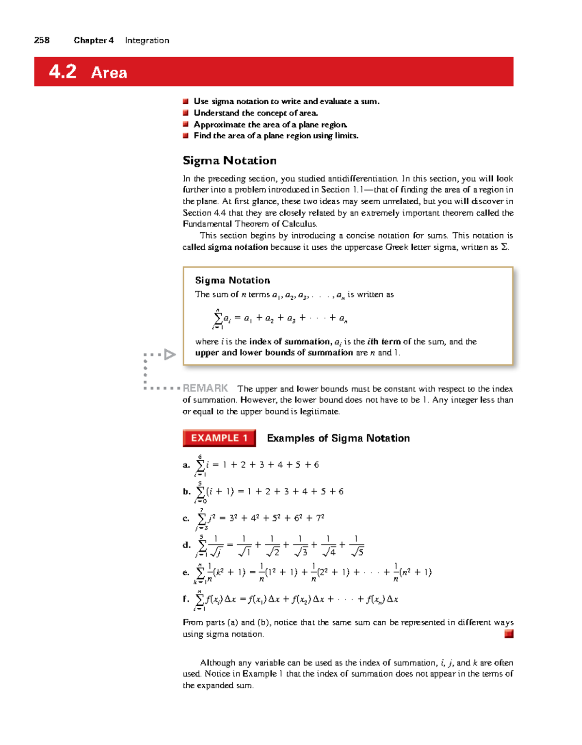 CALC 2 - CALC 2 NOTES - 258 Chapter 4 Integration 4 Area Use sigma ...