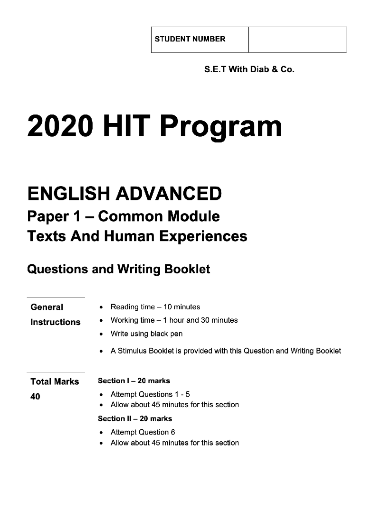 Hurlstone 2020 HSC ENGLISH ADVANCED Paper 1: Common Module Analysis ...