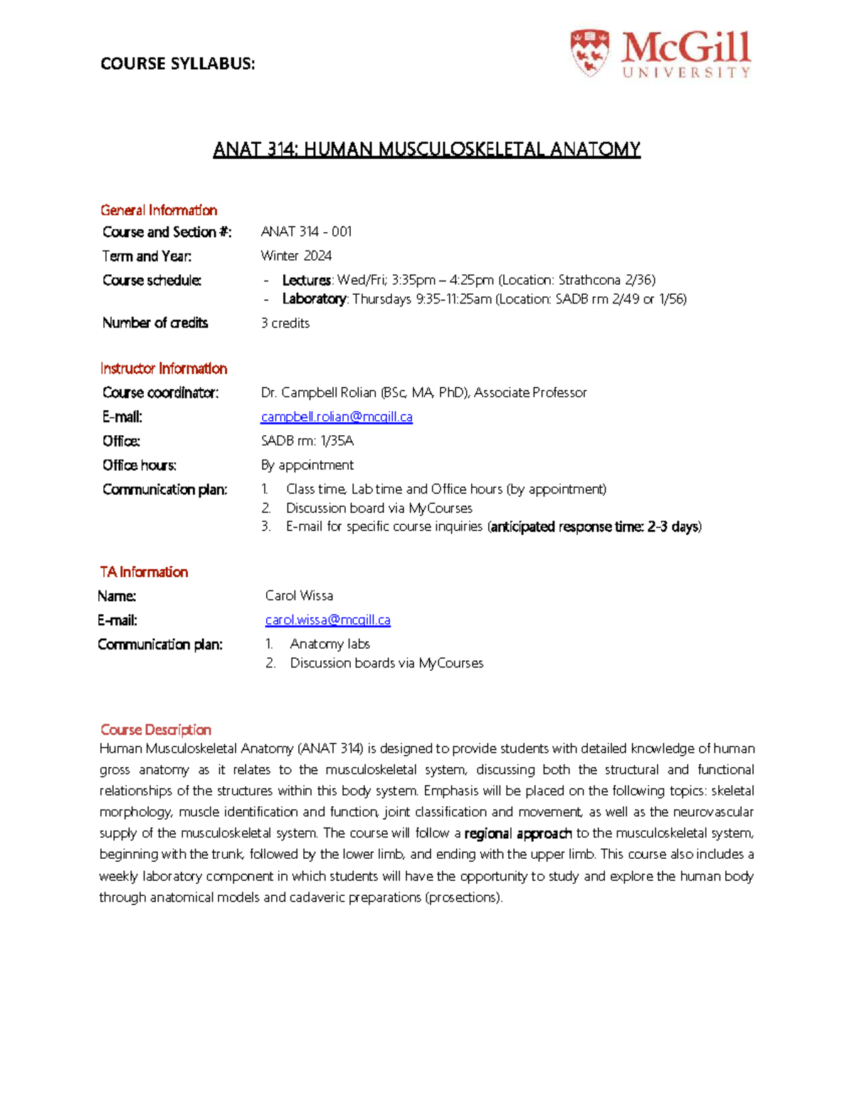 ANAT 314: Human Musculoskeletal Anatomy Syllabus - Winter 2024 - Studocu