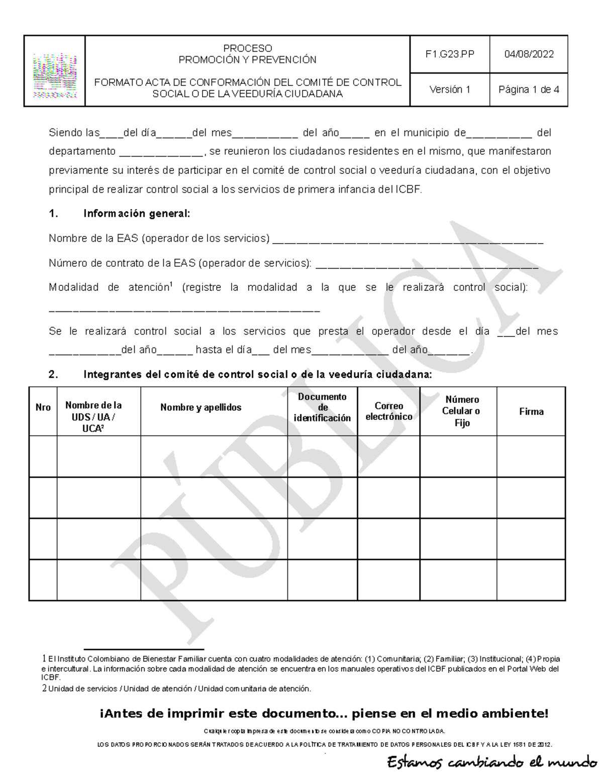 Formato Acta Conformación Comité Control Social F1.G23.PP V1 - Studocu