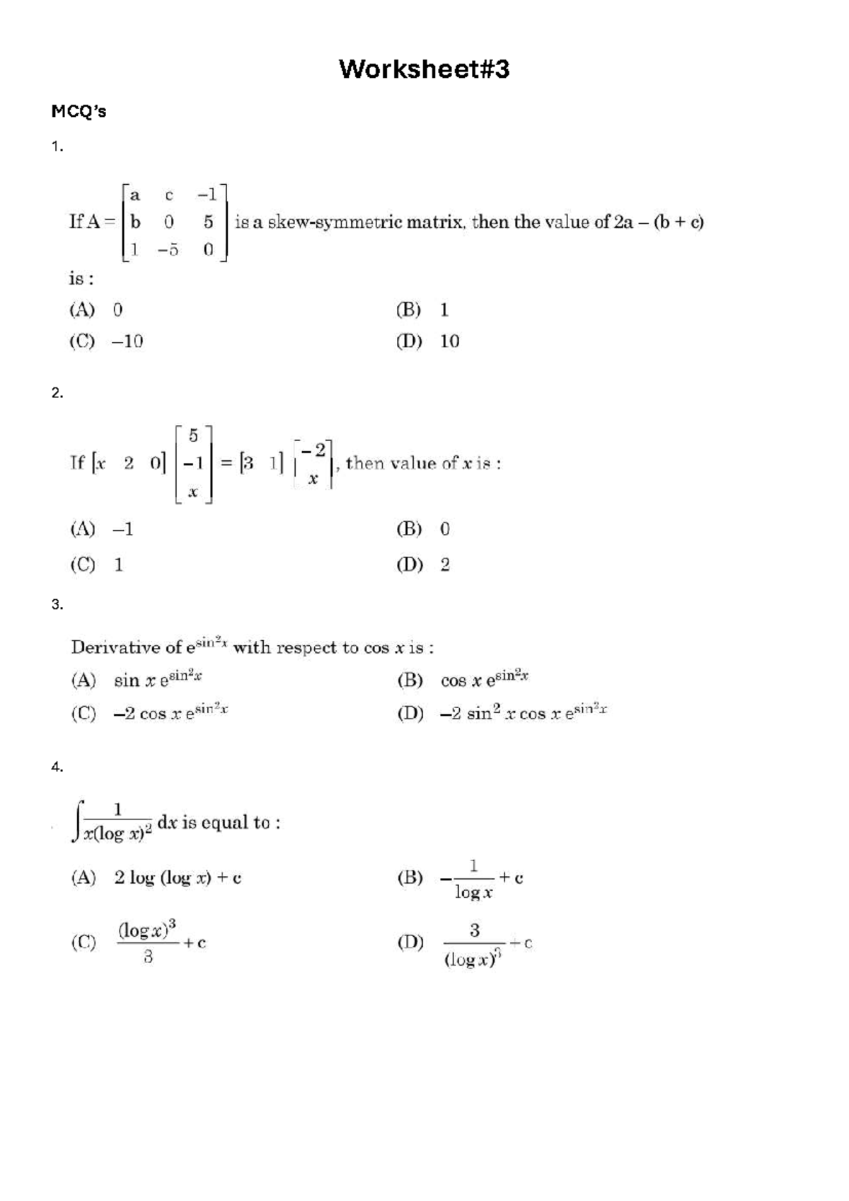 STD XII Maths Worksheet DAY 8 - 08-12-2025 - Maths Class 12 - Worksheet ...