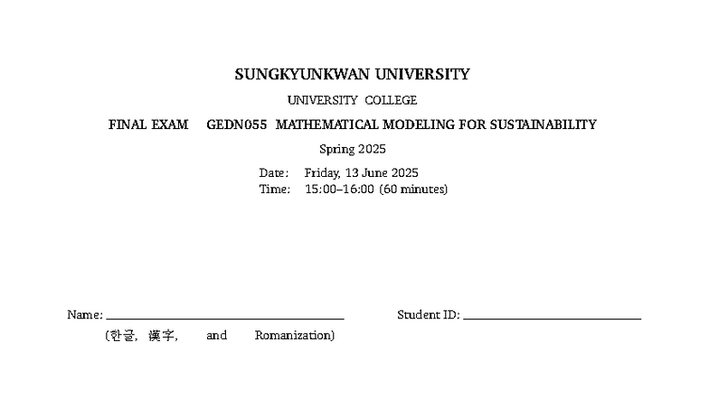 SUNGKYUNKWAN UNIVERSITY GEDN055 FINAL EXAM SOLUTIONS: MATH MODELING ...